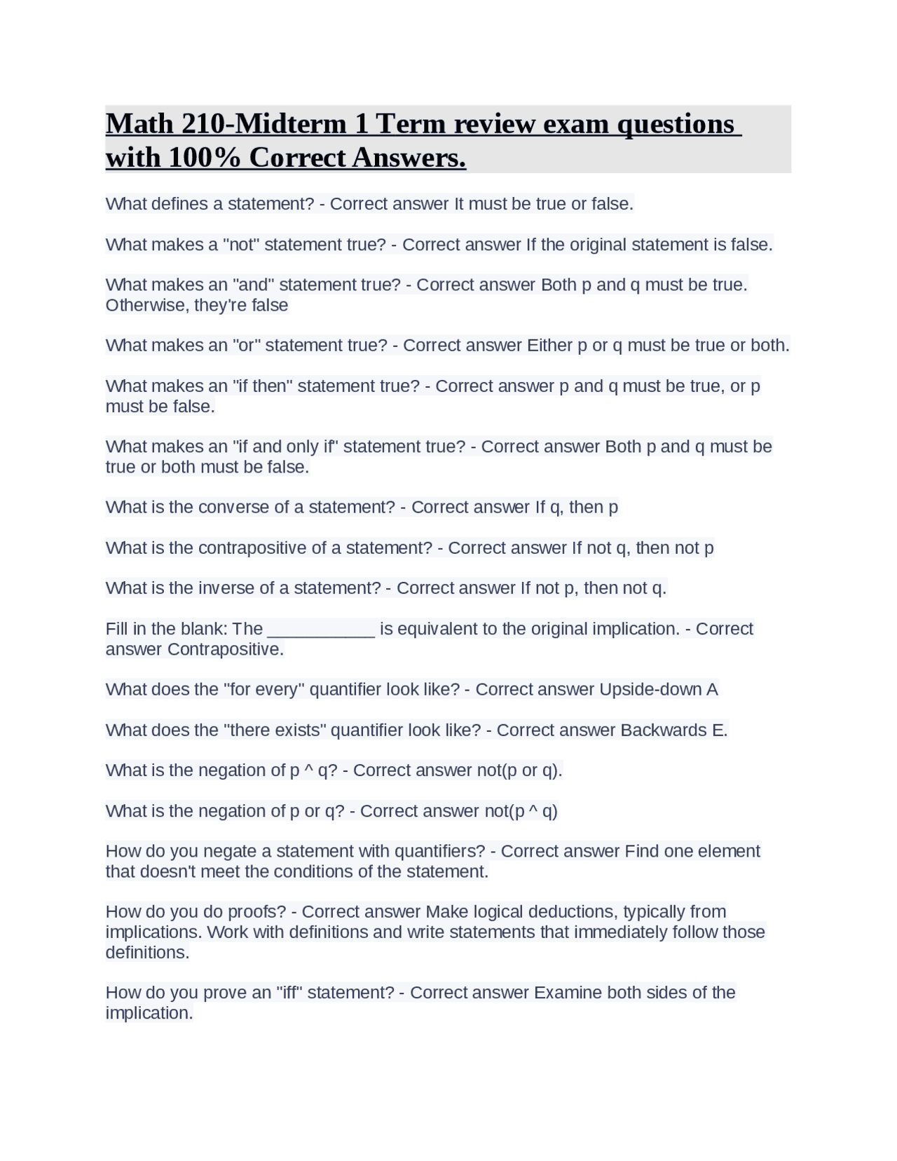 Math 210-Midterm 1 T erm review exam questions with 100% Correct Answers | Exams Mathematics ...