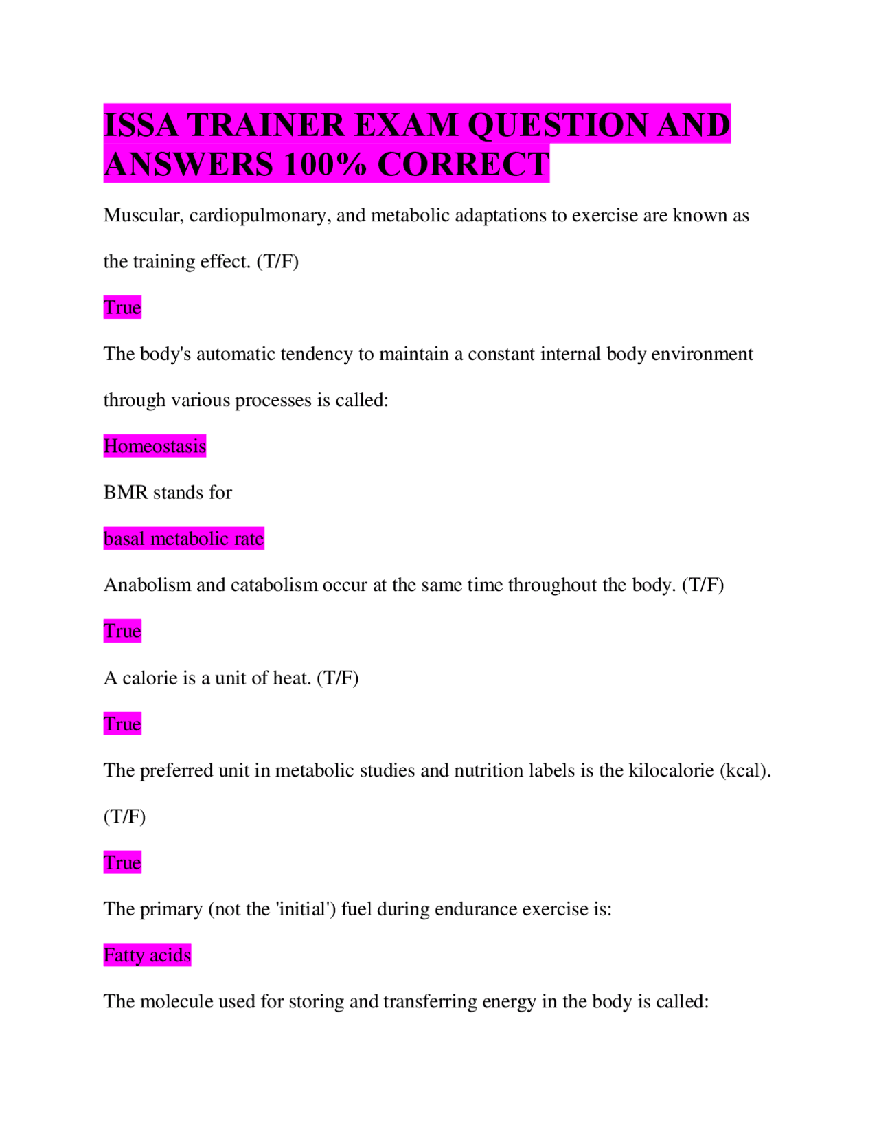 ISSA TRAINER EXAM QUESTION AND ANSWERS 100% CORRECT | Exams Nursing ...