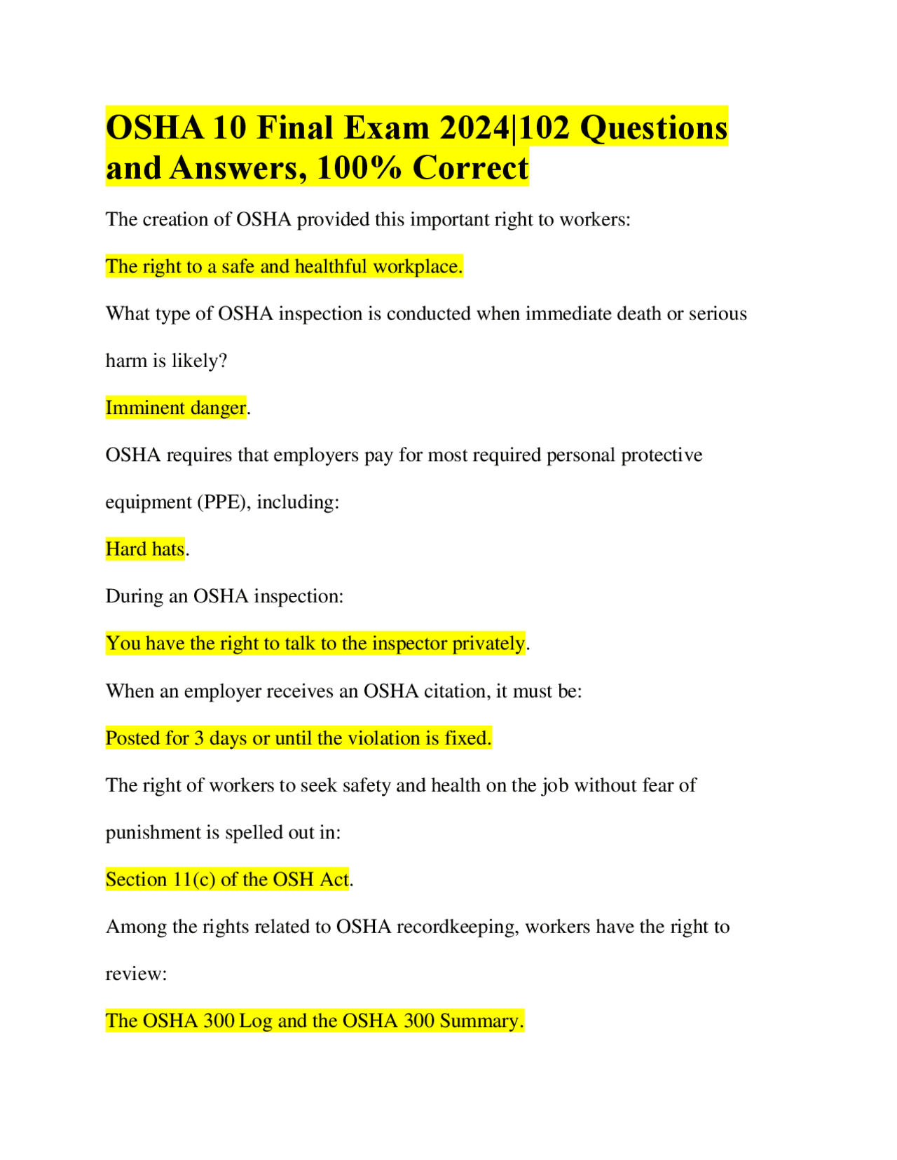 OSHA 10 Final Exam 2024|102 Questions and Answers, 100% Correct | Exams ...