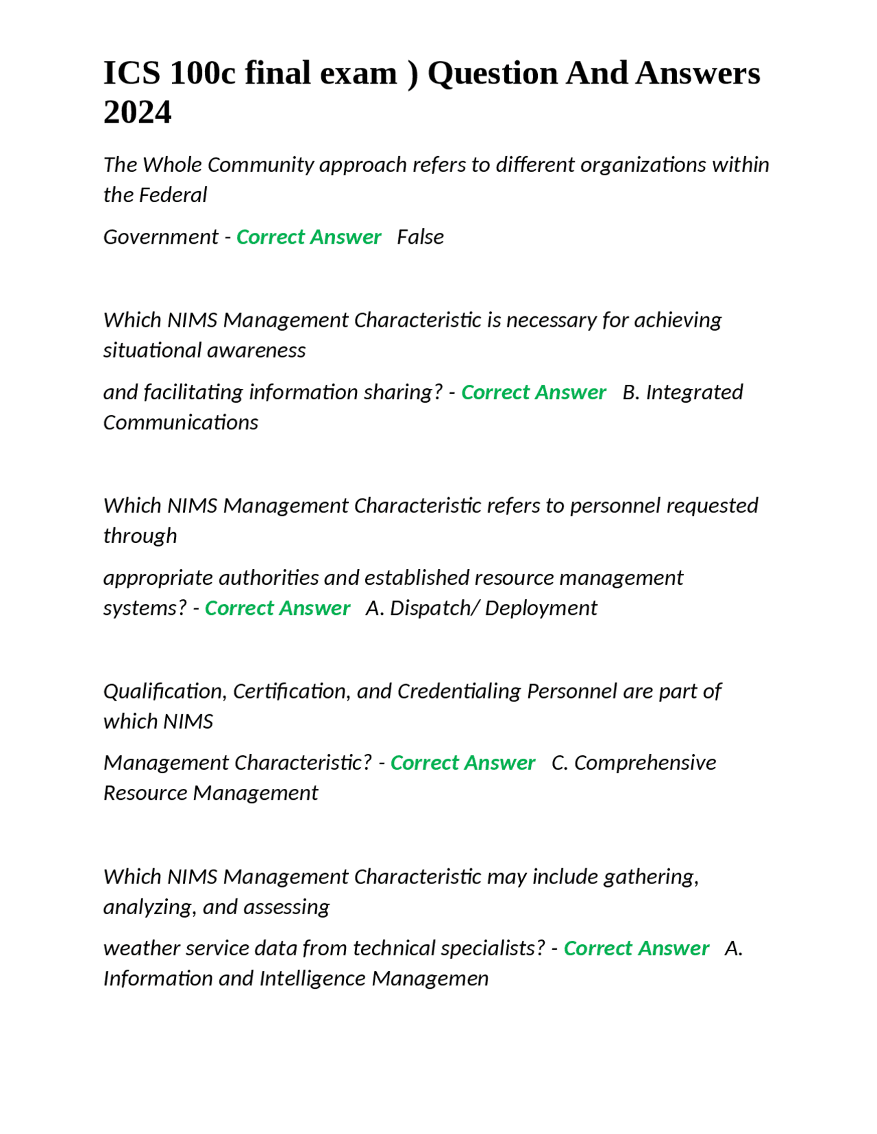 ICS 100c Final Exam: Questions and Answers | Exams Nursing | Docsity