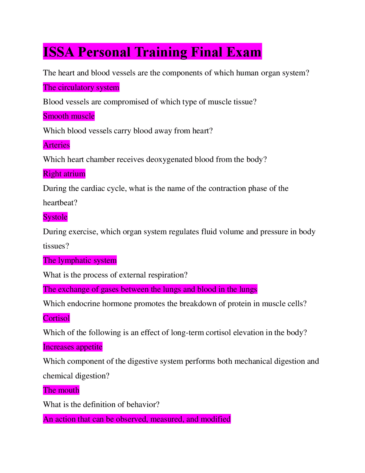 ISSA Personal Training Final Exam | Exams Nursing | Docsity