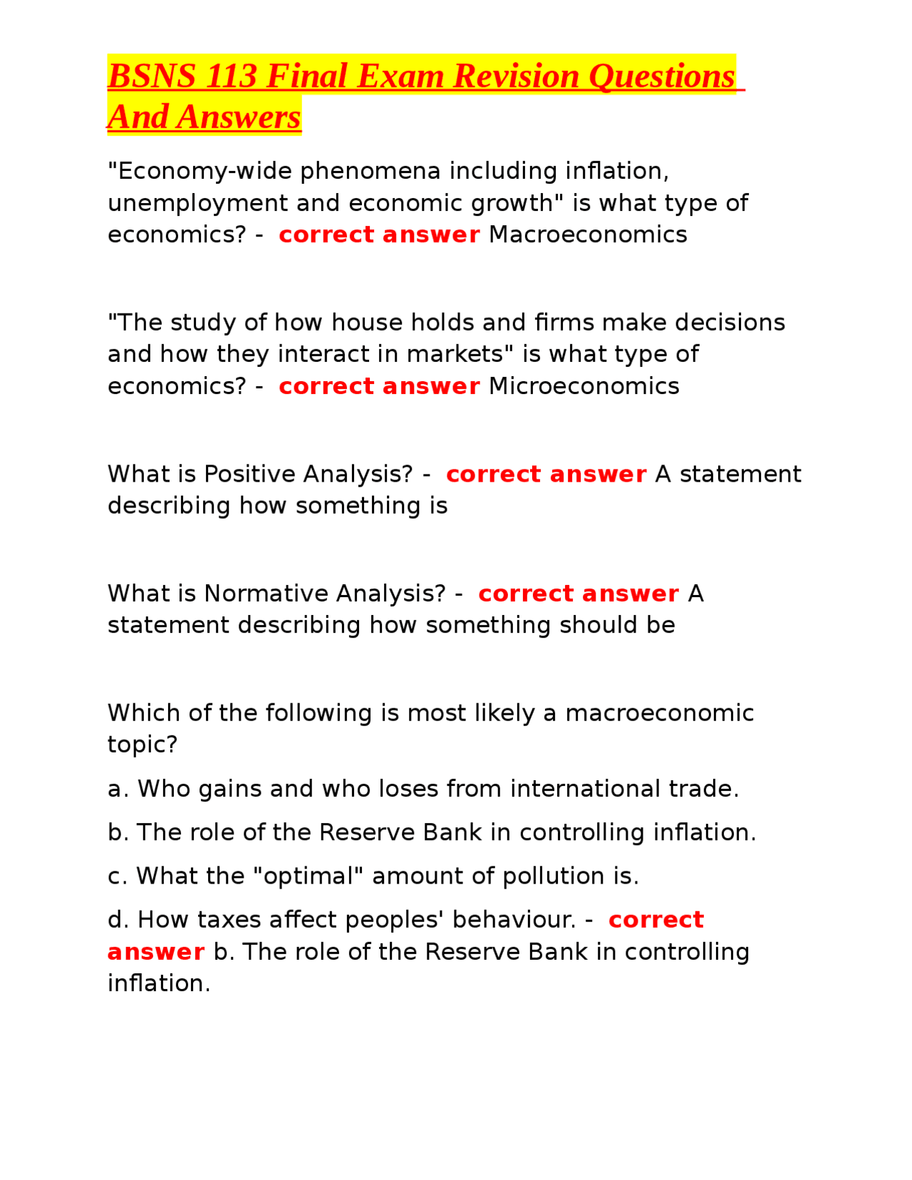 BSNS 113 Final Exam Revision Questions And Answers | Exams Economics ...