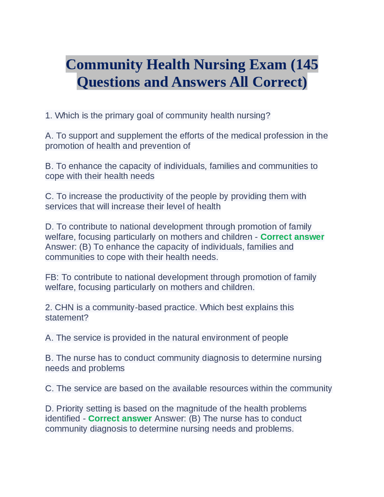 Community Health Nursing Exam (145 Questions and Answers All Correct ...