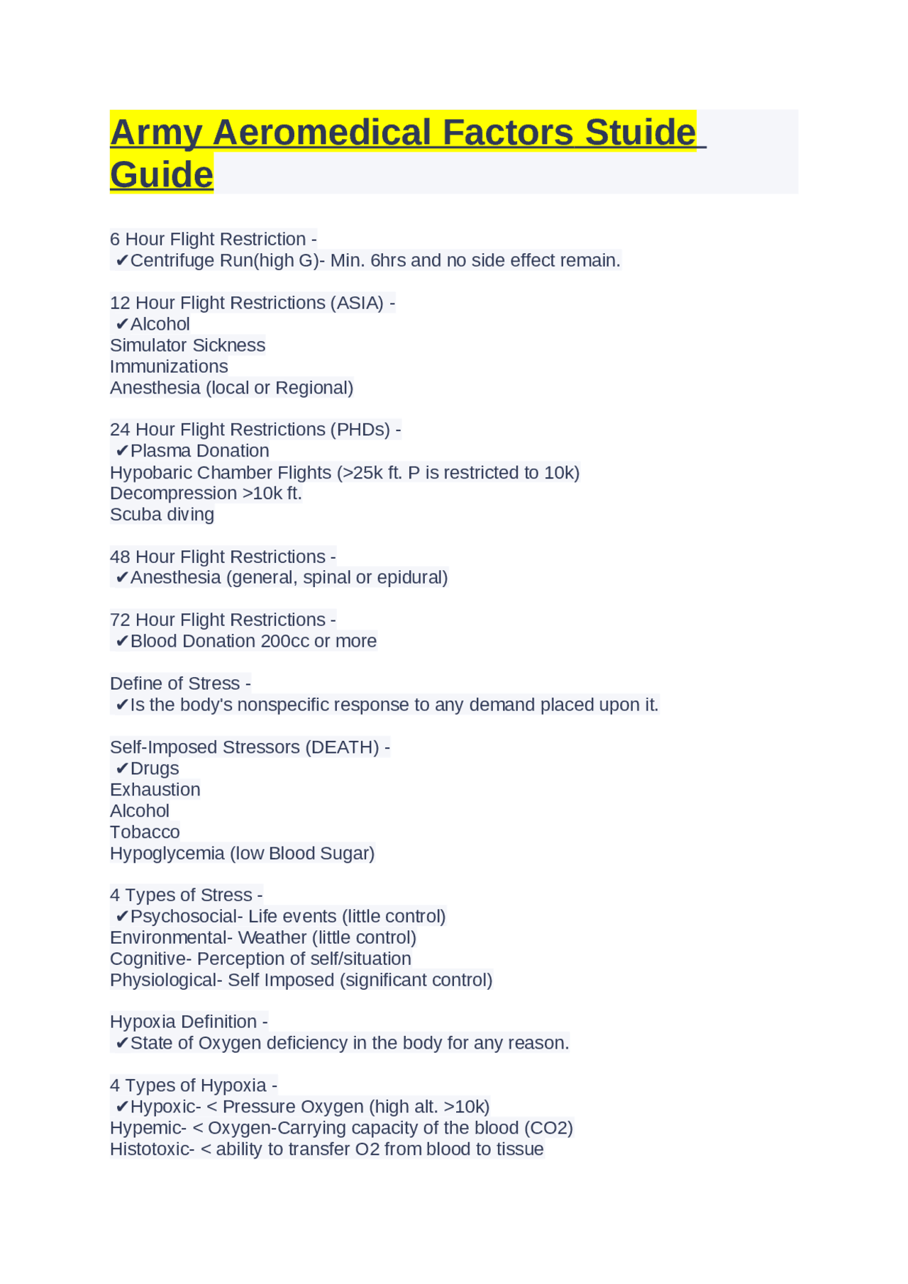 Army Aeromedical Factors Study Guide | Exams Physiology | Docsity