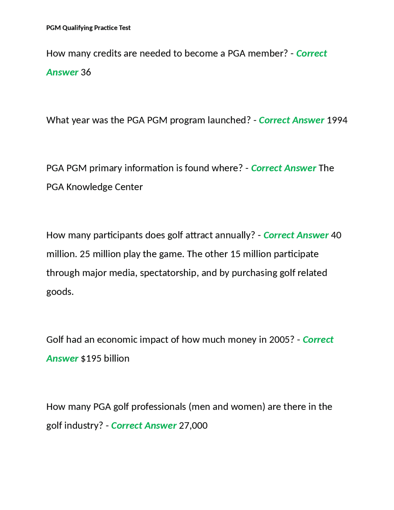 PGA PGM Program Qualifying Practice Test | Exams Nursing | Docsity