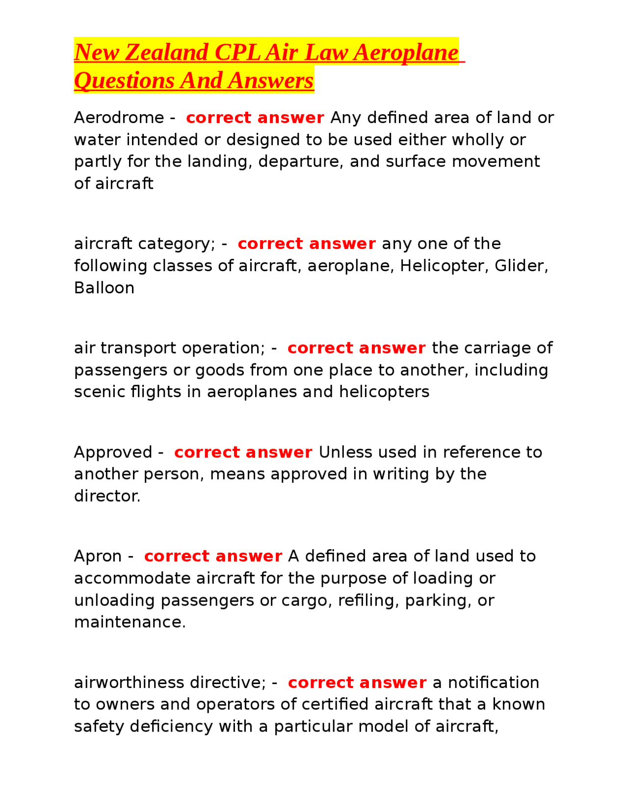 New Zealand CPL Air Law Aeroplane Questions And Answers | Exams ...