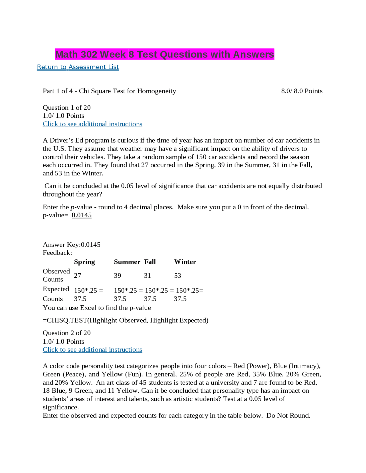 Math 302 Week 8 Test Questions with Answers | Exams Mathematics | Docsity