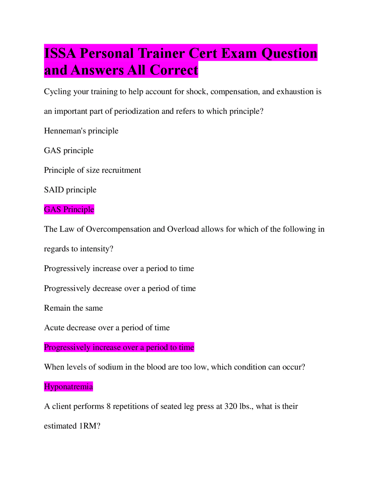 ISSA Personal Trainer Cert Exam Question and Answers All Correct ...