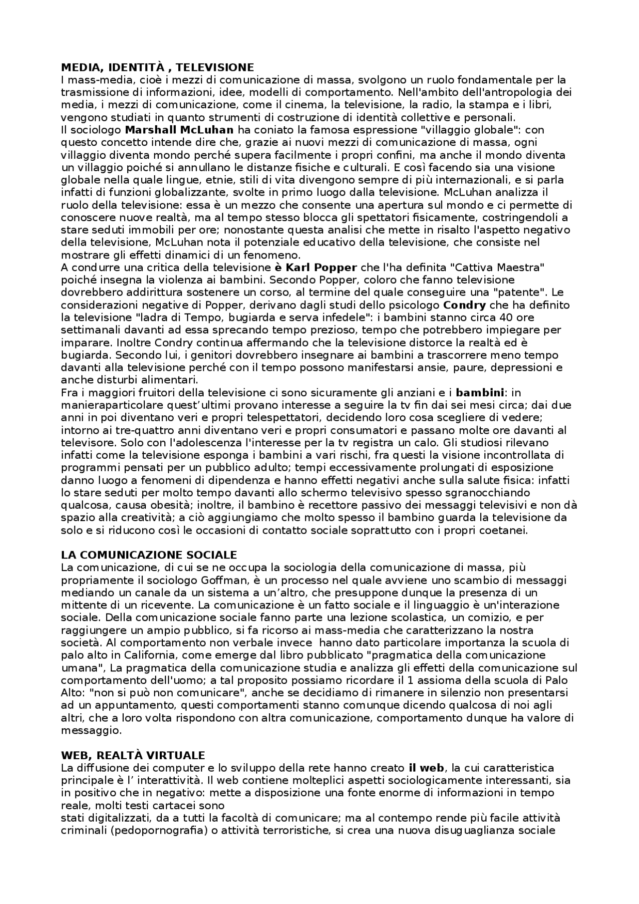 Media, mass media e media culturali | Appunti di Scienze Umane | Docsity