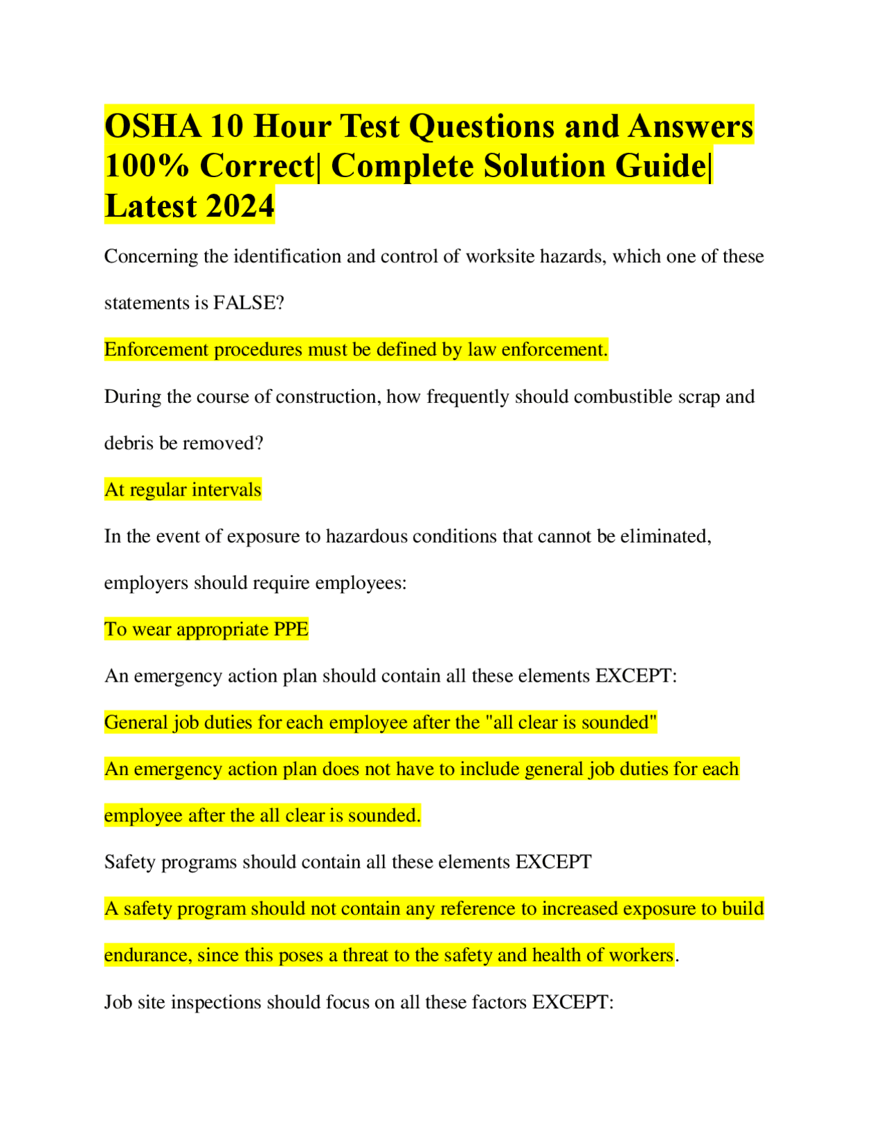 OSHA 10 Hour Test Questions and Answers 100% Correct| Complete Solution ...