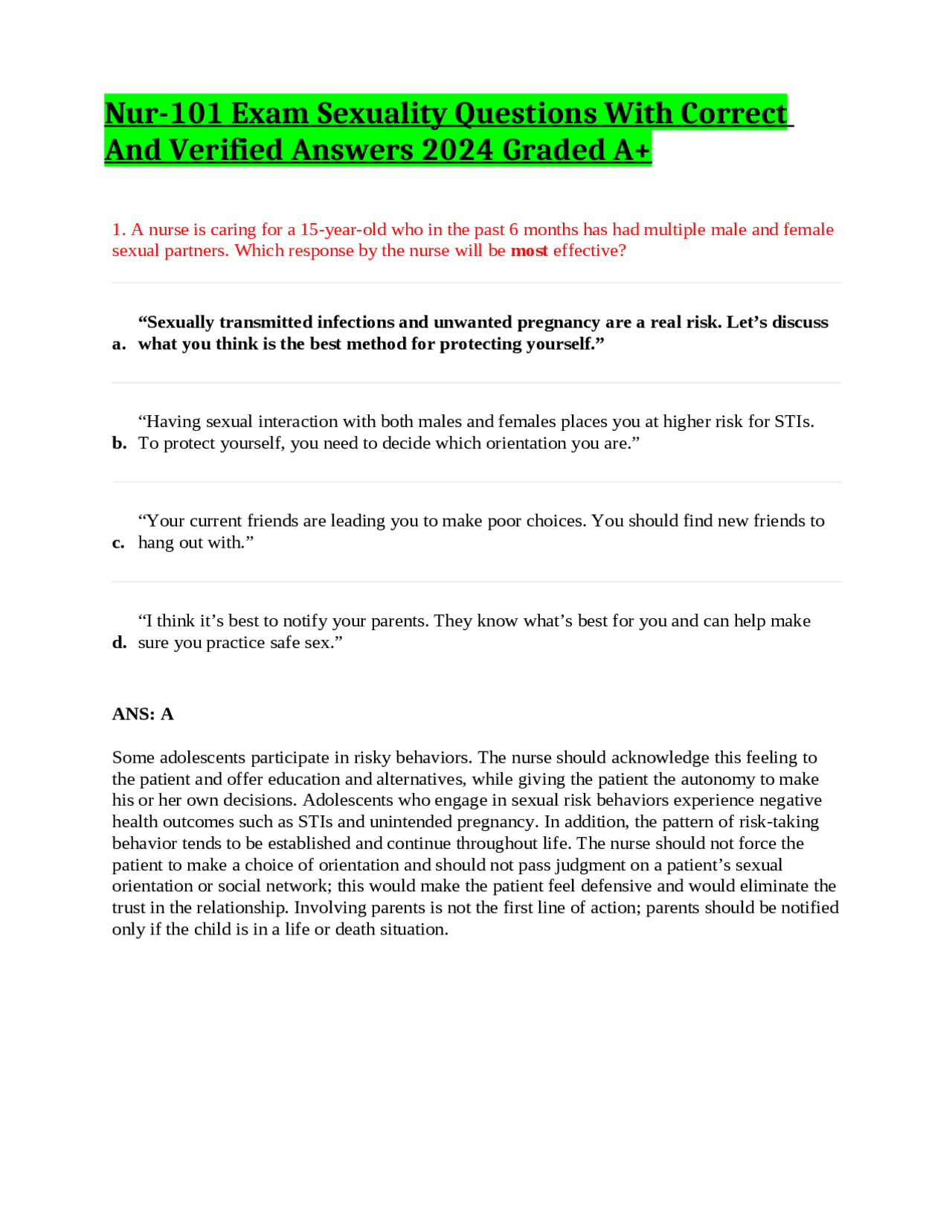 Nur 101 Exam Sexuality Questions With Correct And Verified Answers 2024 Graded A Exams