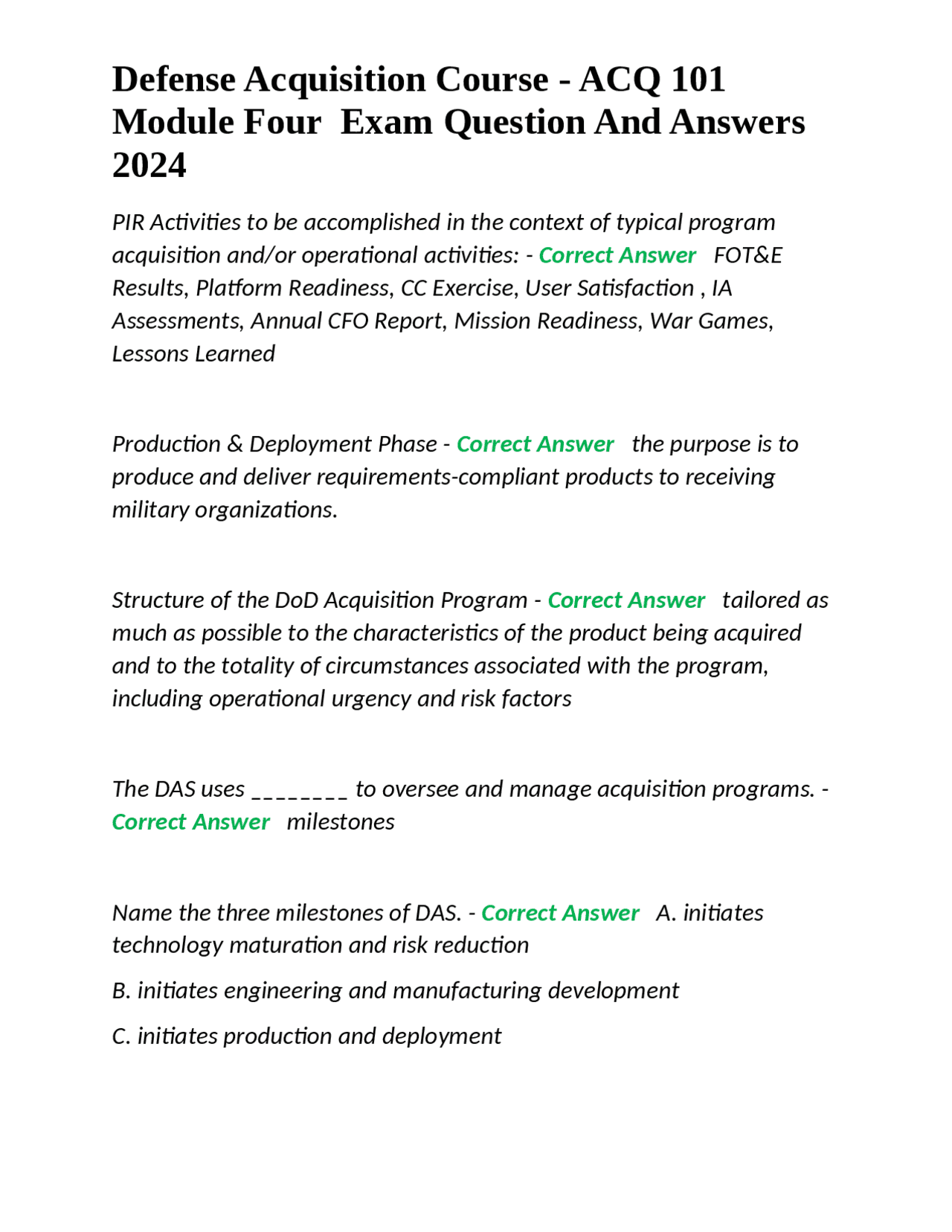 Defense Acquisition Course - ACQ 101 Module Four Exam Question And ...
