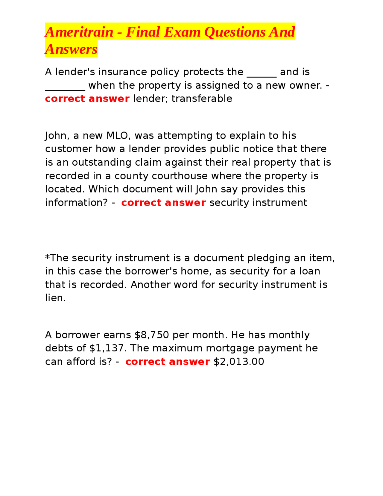 Ameritrain - Final Exam Questions and Answers | Exams Insurance law | Docsity