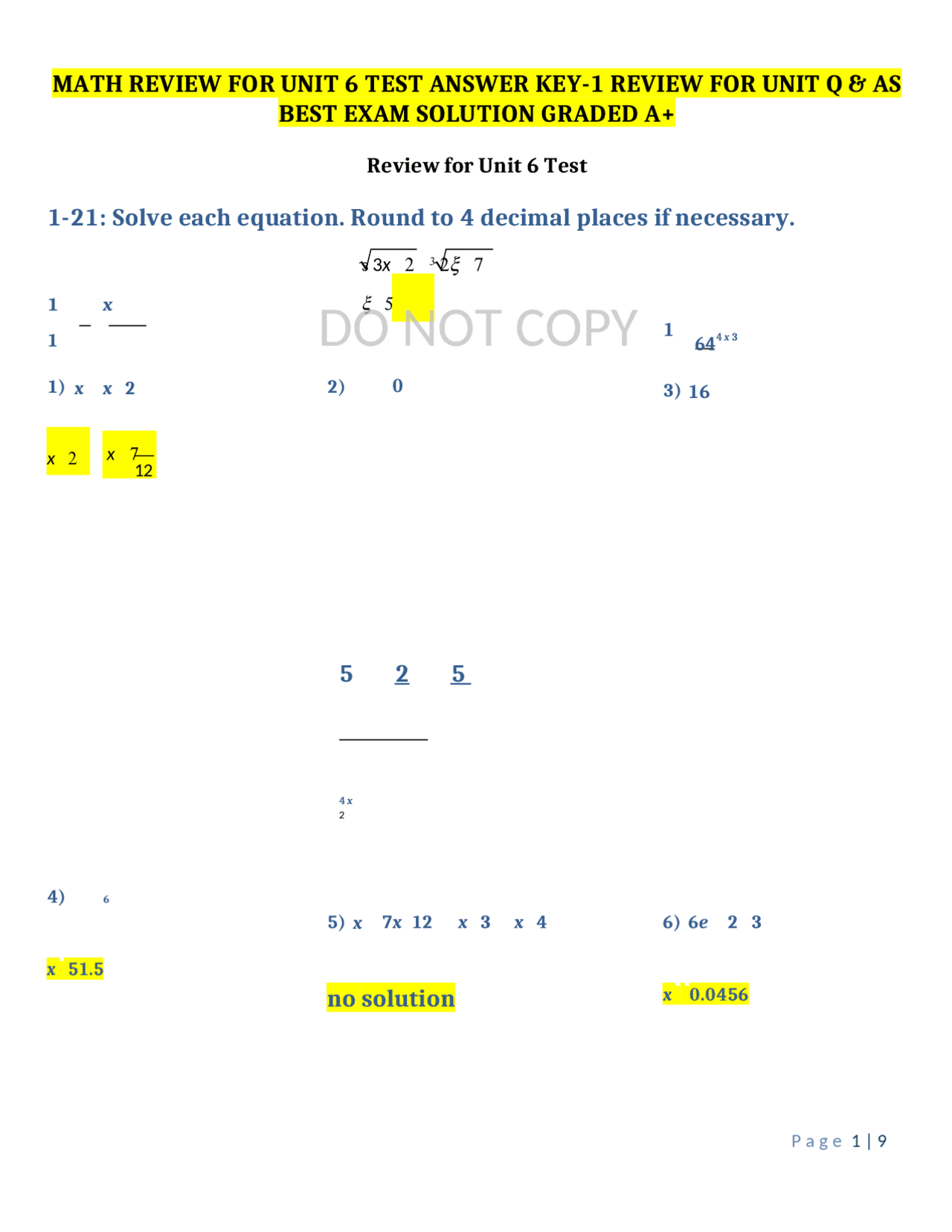 MATH REVIEW FOR UNIT 6 TEST ANSWER KEY-1 REVIEW FOR UNIT Q & AS BEST ...