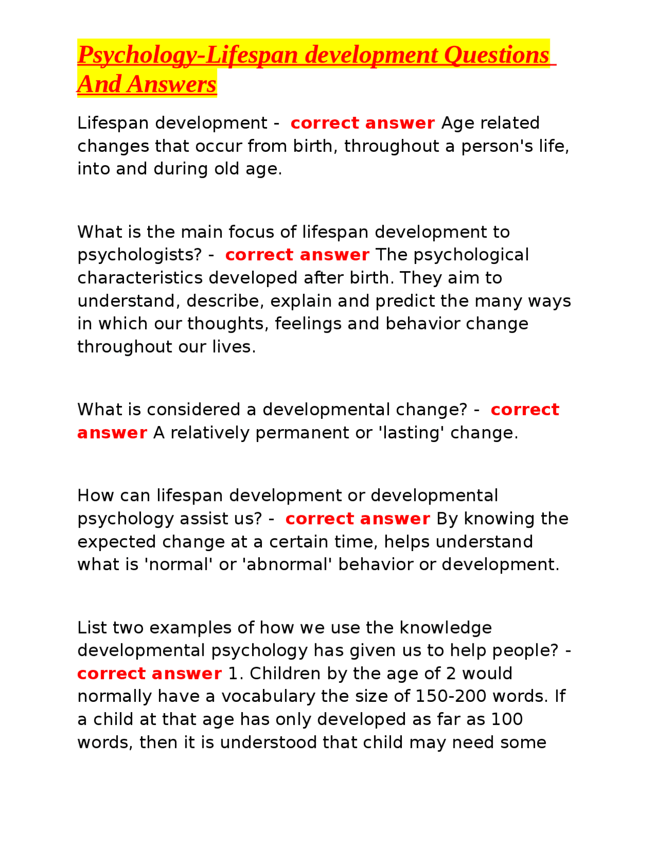 Psychology-Lifespan Development Questions and Answers | Exams Biology ...