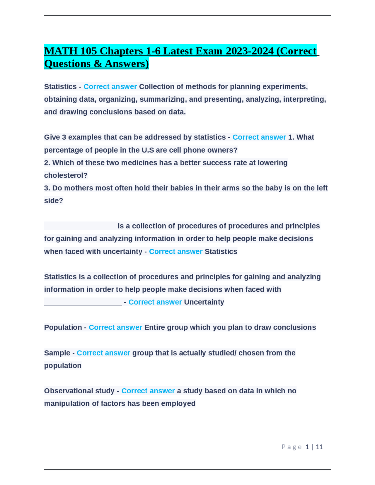 MATH 105 Chapters 1-6 Latest Exam 2023-2024 (Correct Questions ...