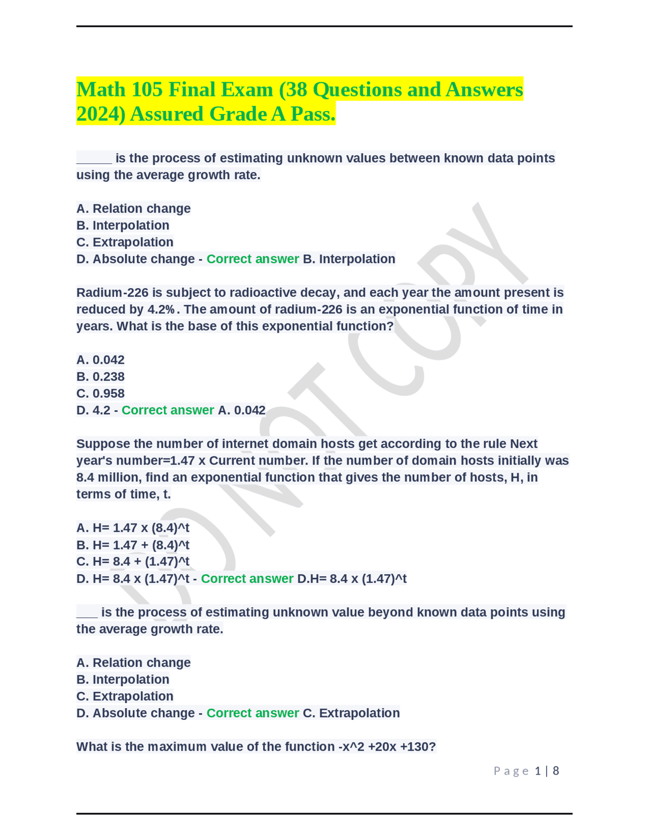 Math 105 Final Exam (38 Questions and Answers 2024) Assured Grade A ...