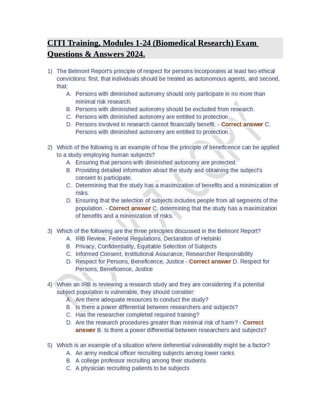 CITI Training, Modules 1-24 (Biomedical Research) Exam Questions ...