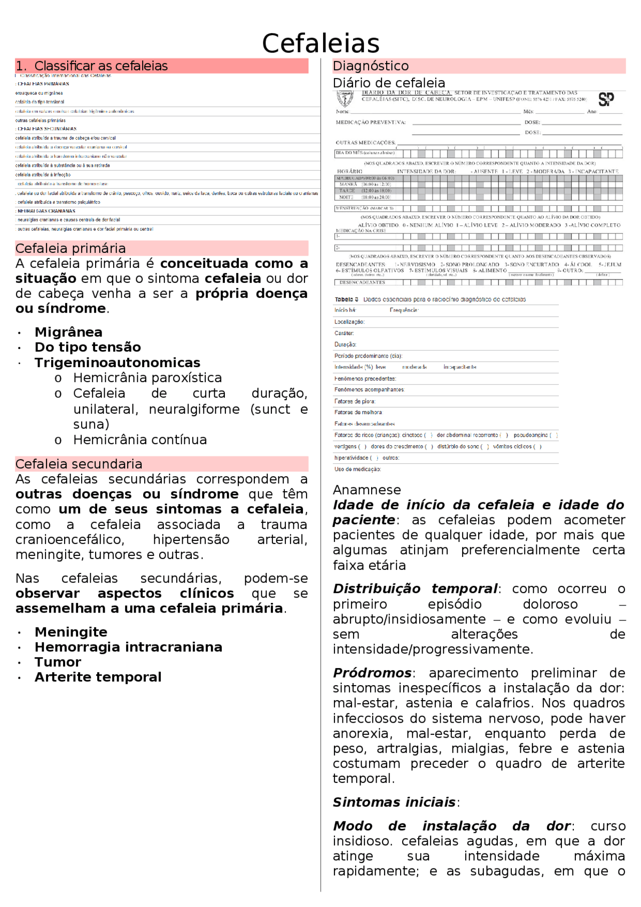 Cefaleias - Resumo Completo | Notas de estudo Medicina | Docsity