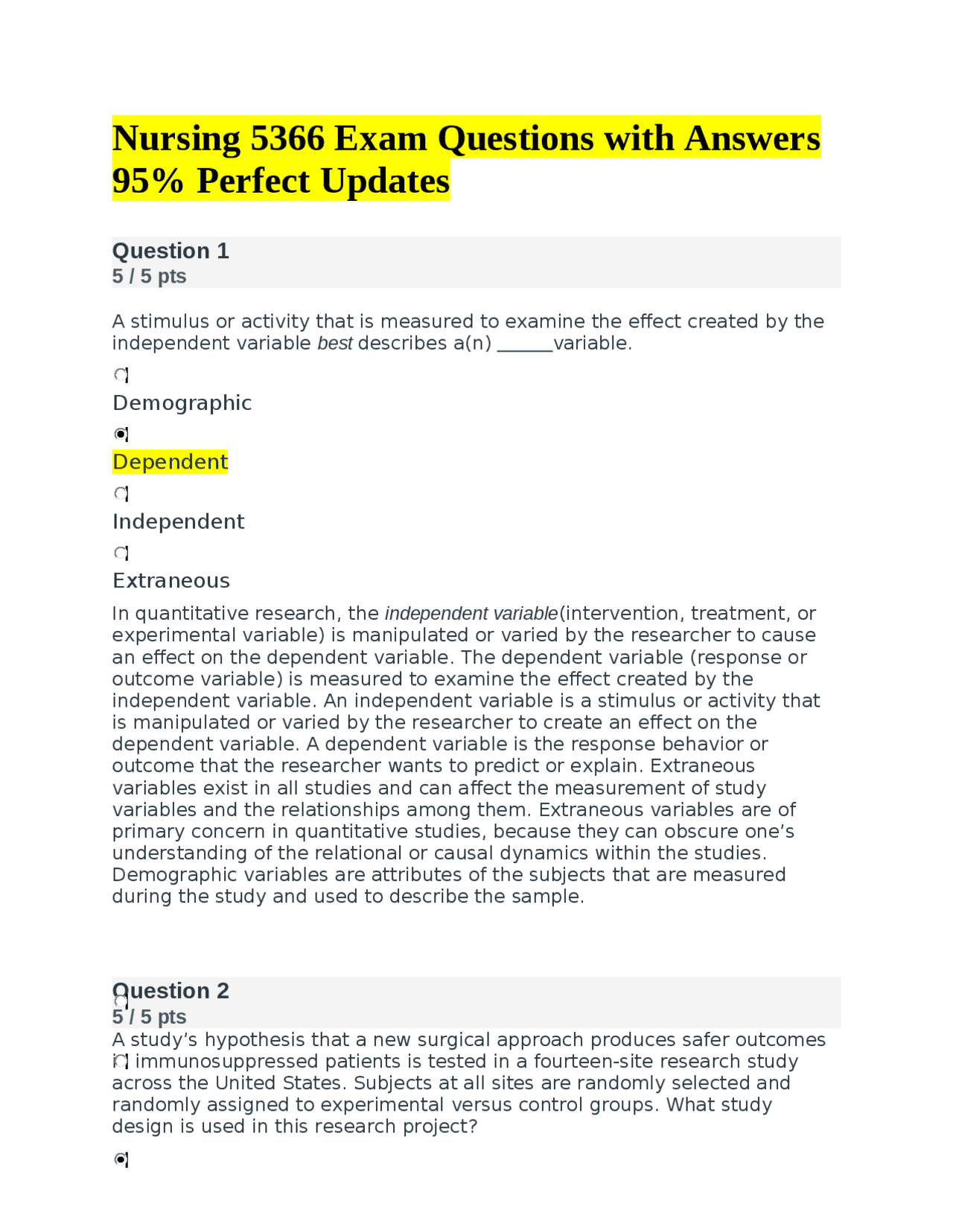 Nursing 5366 Exam Questions with Answers | Exams Nursing | Docsity