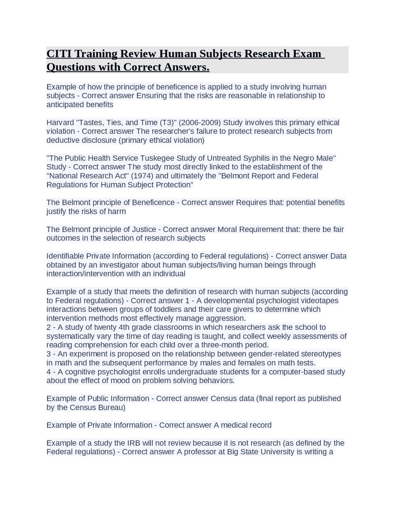 CITI Training Review Human Subjects Research Exam Questions with ...