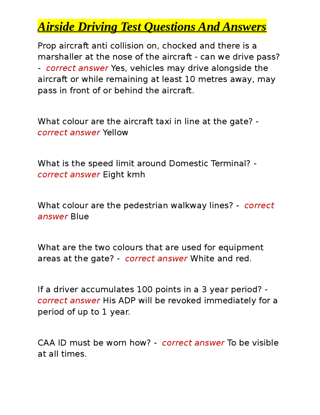 Airside Driving Test Questions And Answers | Exams Transportation ...