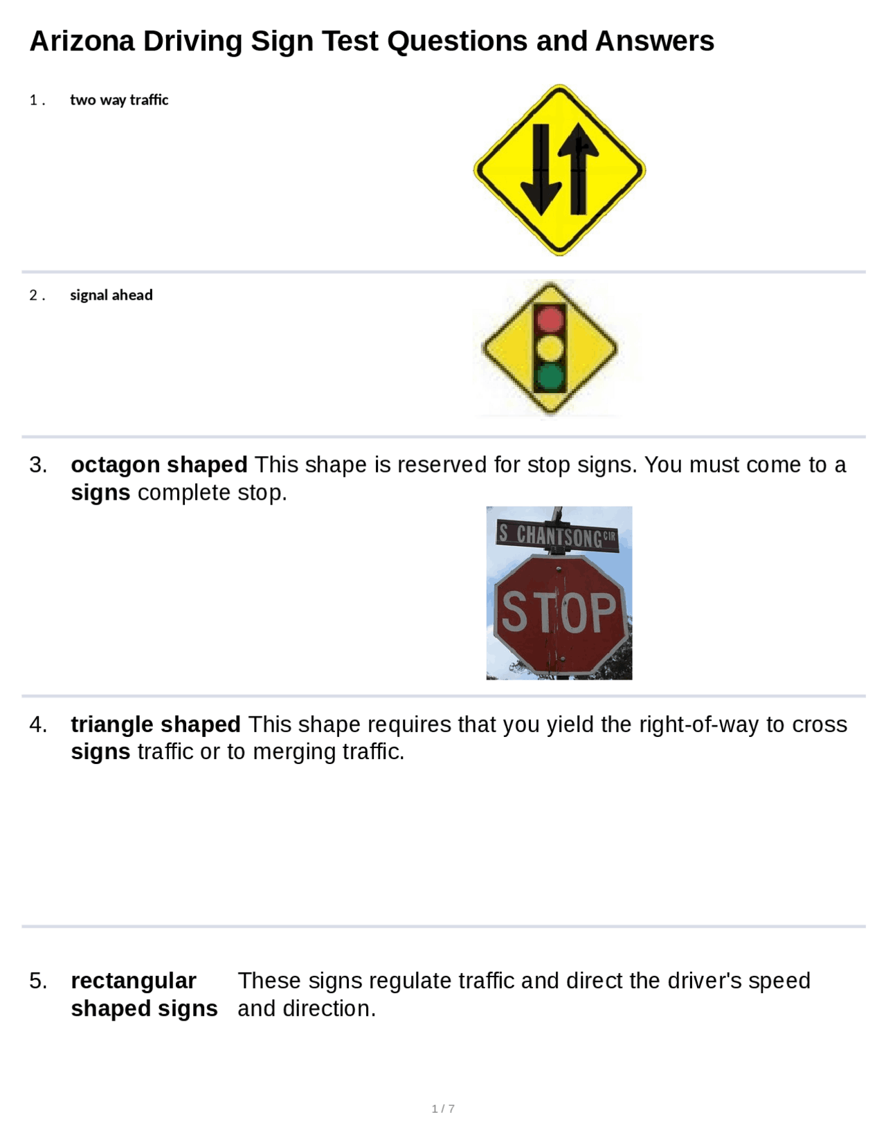 Arizona Driving Sign Test Questions and Answers | Exams Nursing | Docsity