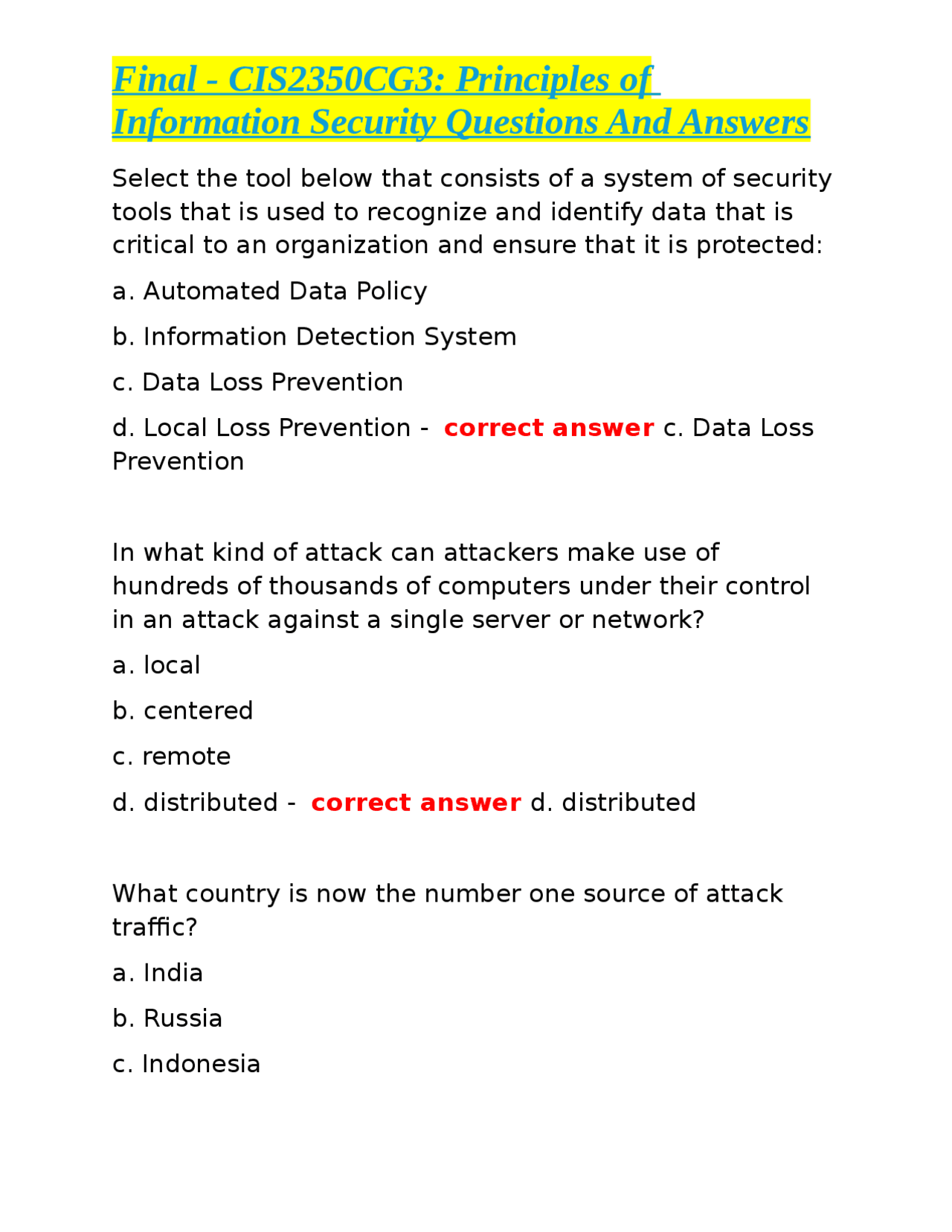 Final Cis2350cg3 Principles Of Information Security Questions And Answers Exams Information