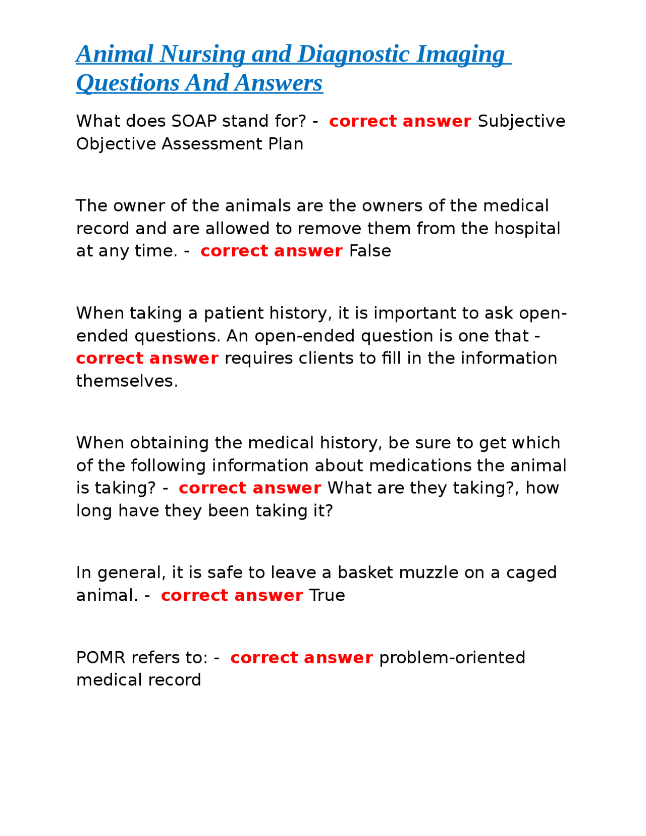 Animal Nursing and Diagnostic Imaging Questions and Answers | Exams ...