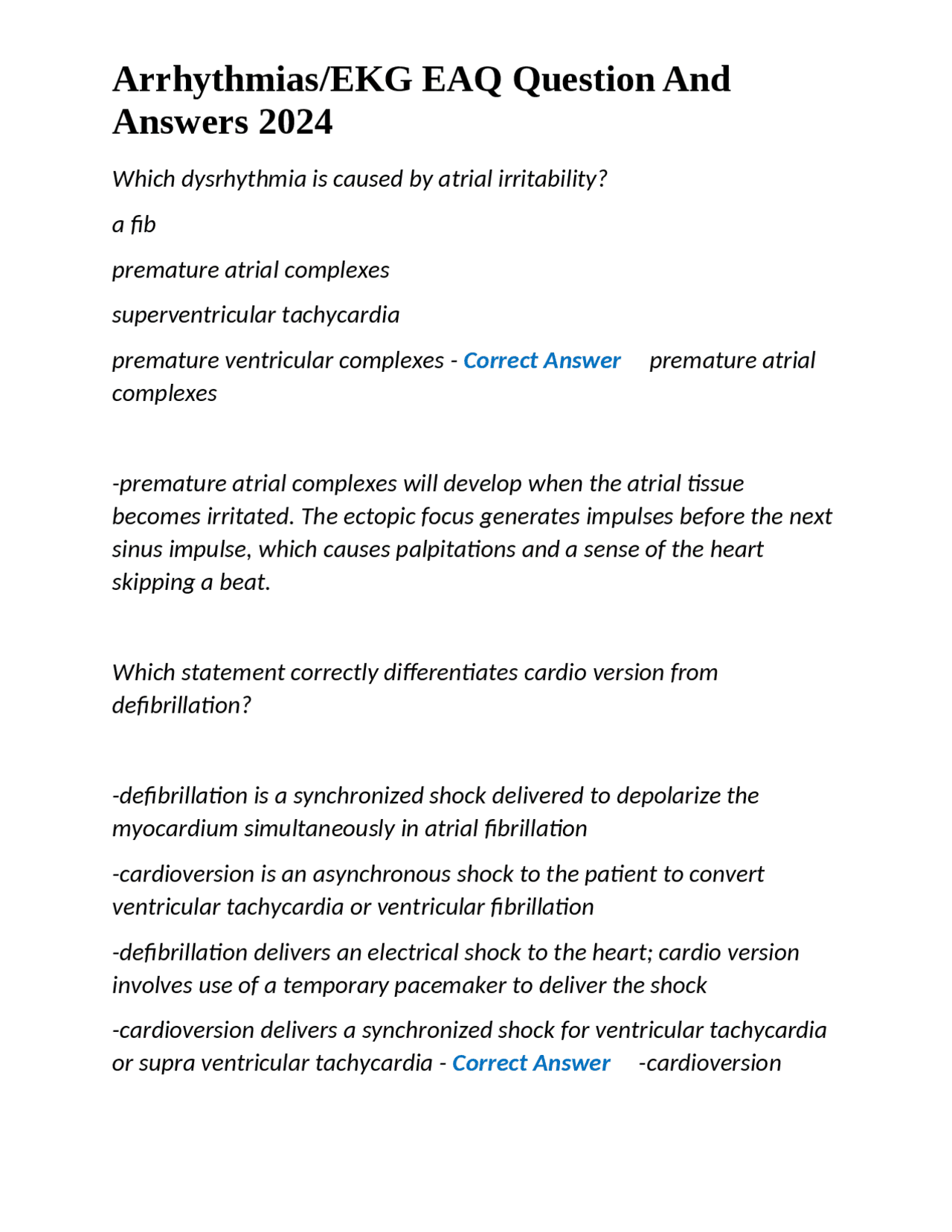 Arrhythmias/EKG EAQ Question And Answers 2024 | Exams Nursing | Docsity