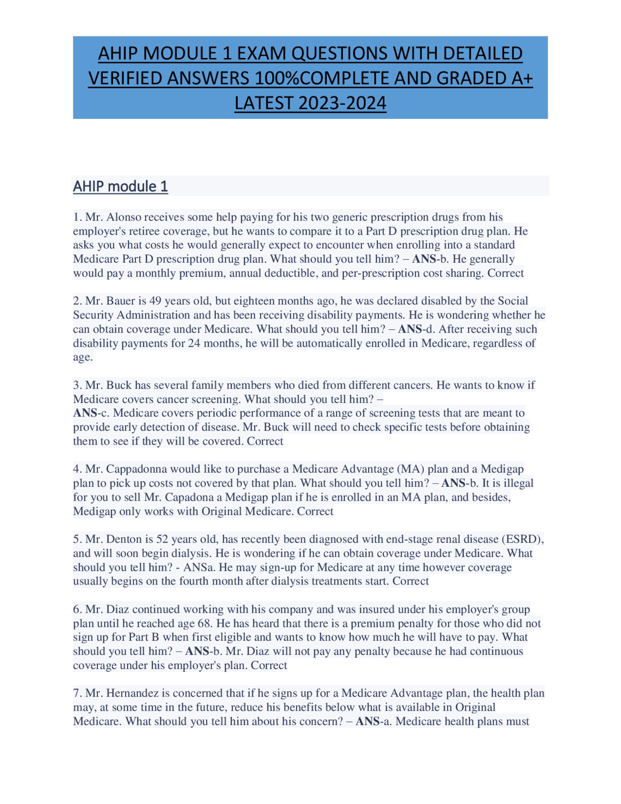 AHIP Module 1 Exam Questions and Answers | Exams Nursing | Docsity