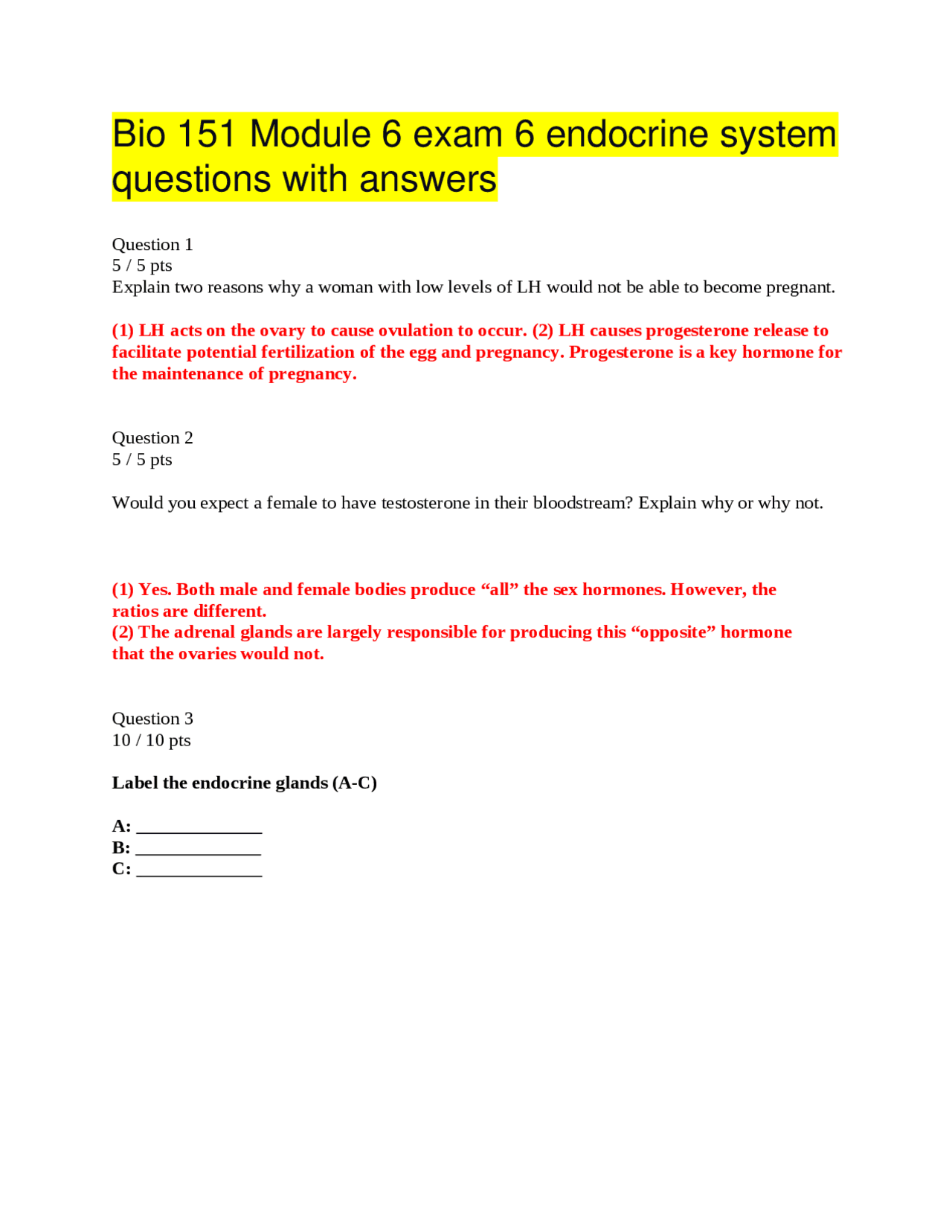 Bio 151 Module 6 Exam 6 Endocrine System Questions with Answers | Exams Biology | Docsity