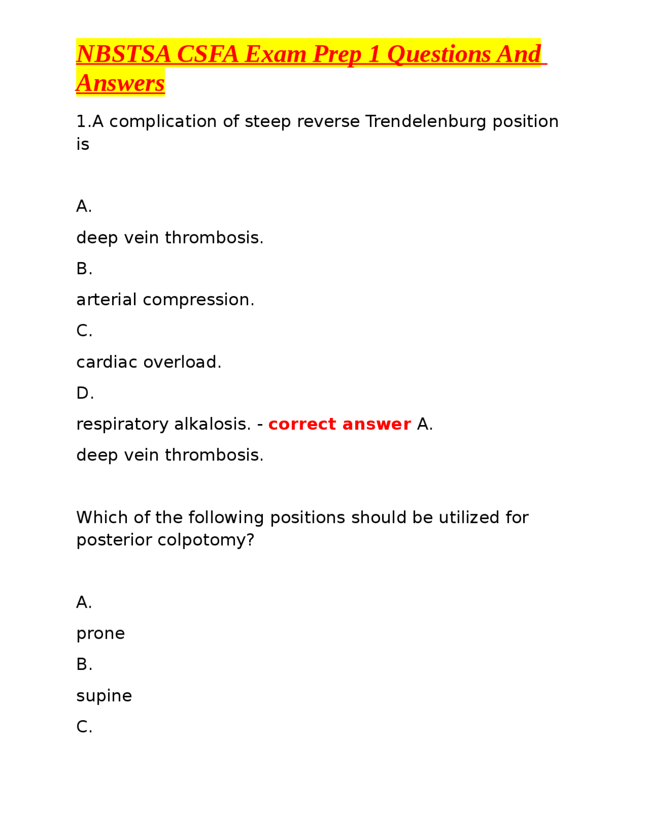 NBSTSA CSFA Exam Prep 1 Questions And Answers | Exams Nursing | Docsity