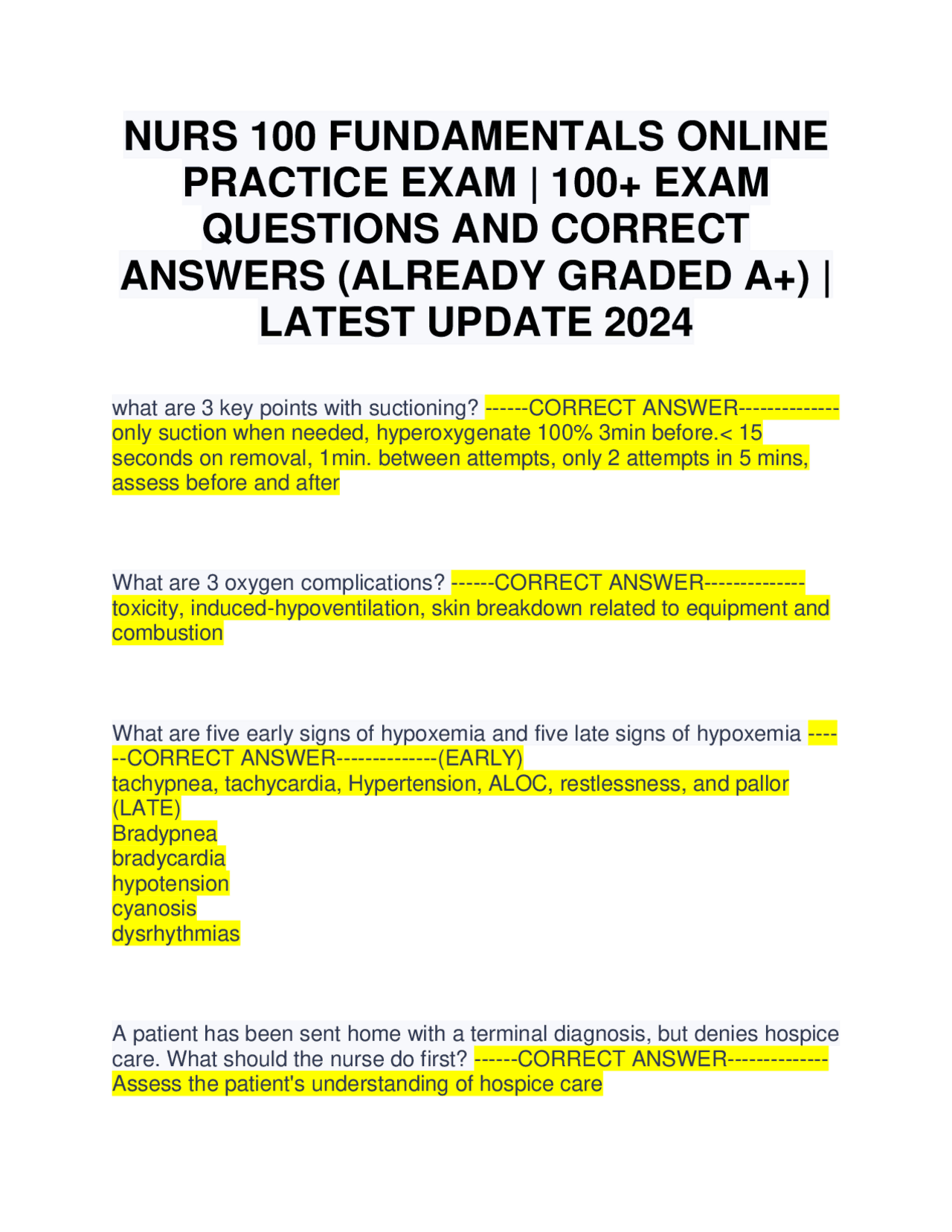 NURS 100 FUNDAMENTALS ONLINE PRACTICE EXAM | 100+ EXAM QUESTIONS AND CORRECT ANSWERS | Exams ...