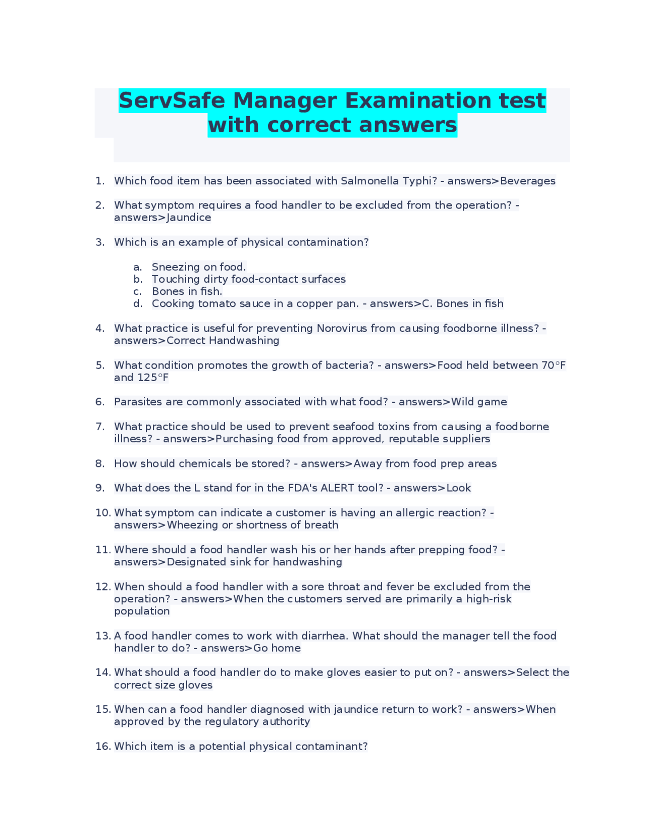 ServSafe Manager Examination Test with Correct Answers | Exams Nursing ...