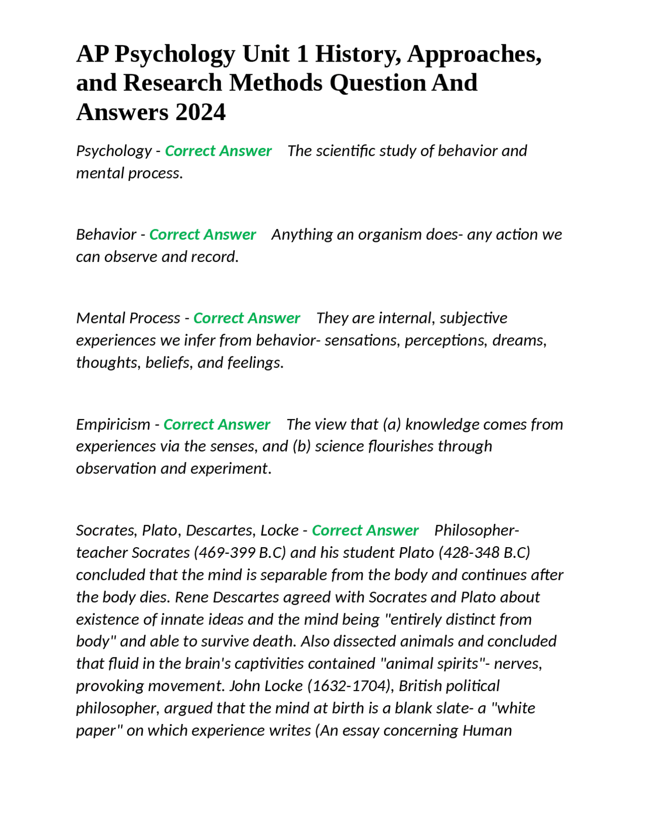 AP Psychology Unit 1 History, Approaches, and Research Methods Question ...