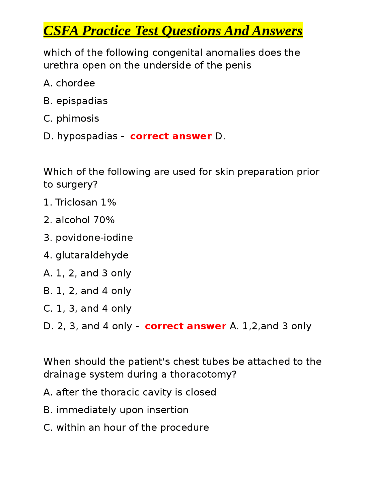 CSFA Practice Test Questions And Answers | Exams Nursing | Docsity