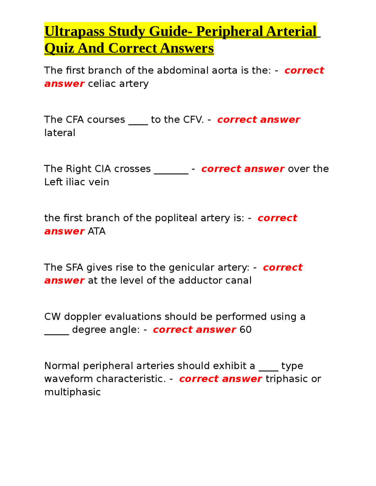 Ultrapass Study Guide- Peripheral Arterial Quiz And Correct Answers ...
