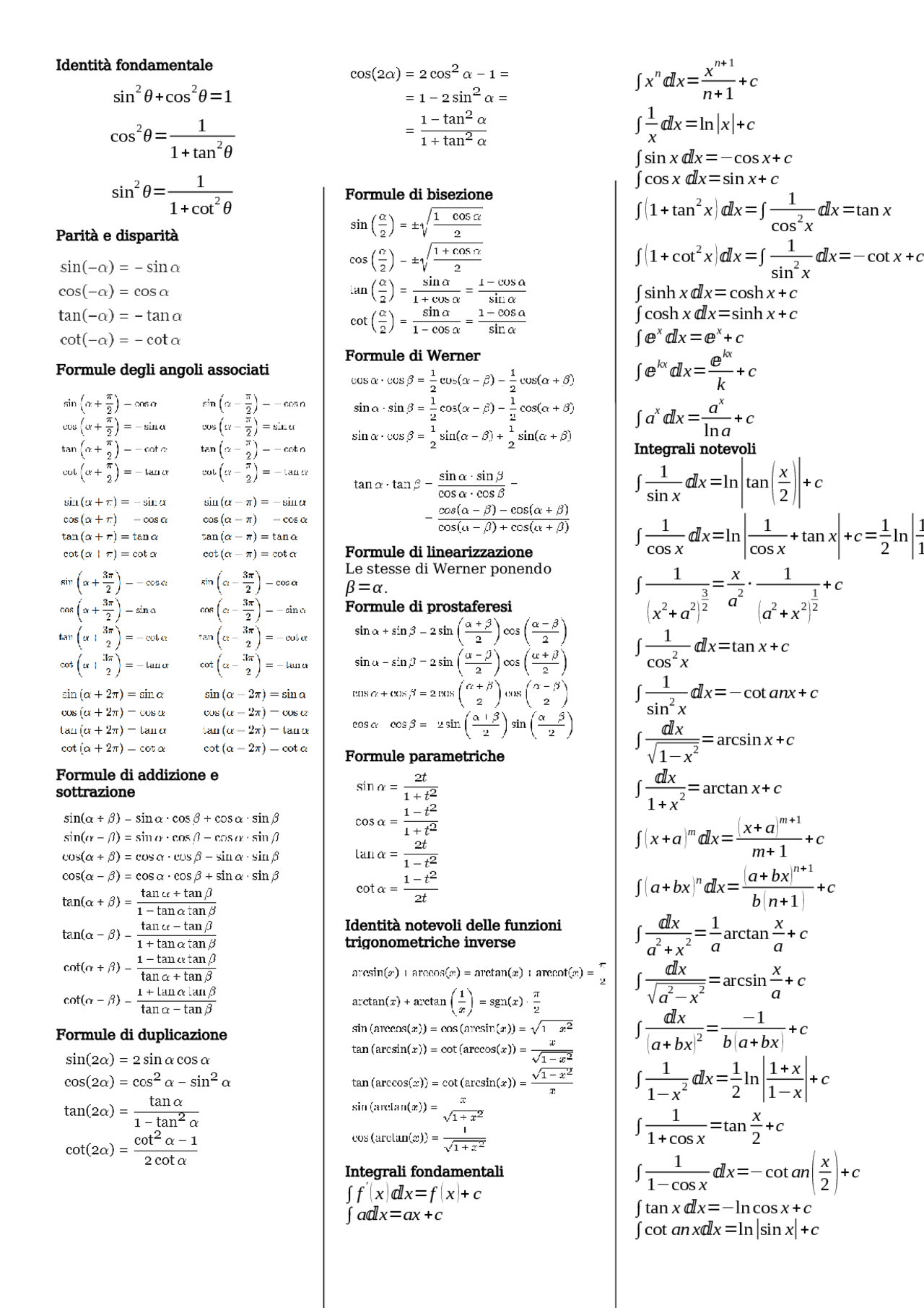 Formulario di trigonometria ed integrali | Schemi e mappe concettuali di Analisi Matematica I ...