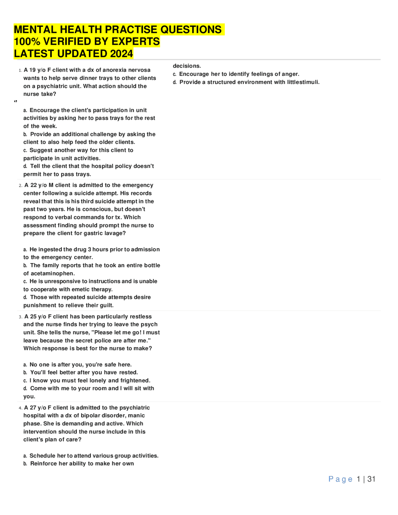 MENTAL HEALTH PRACTISE QUESTIONS 100% VERIFIED BY EXPERTS LATEST ...