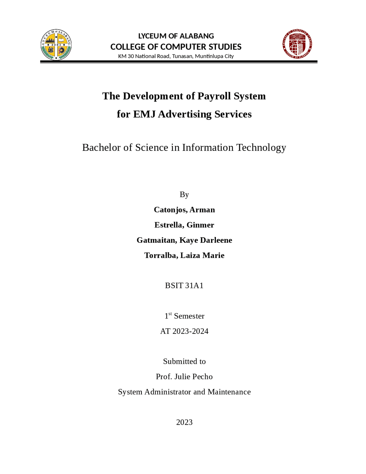 Development of a Payroll System for EMJ Advertising Services: A BSIT Project | Study Guides ...