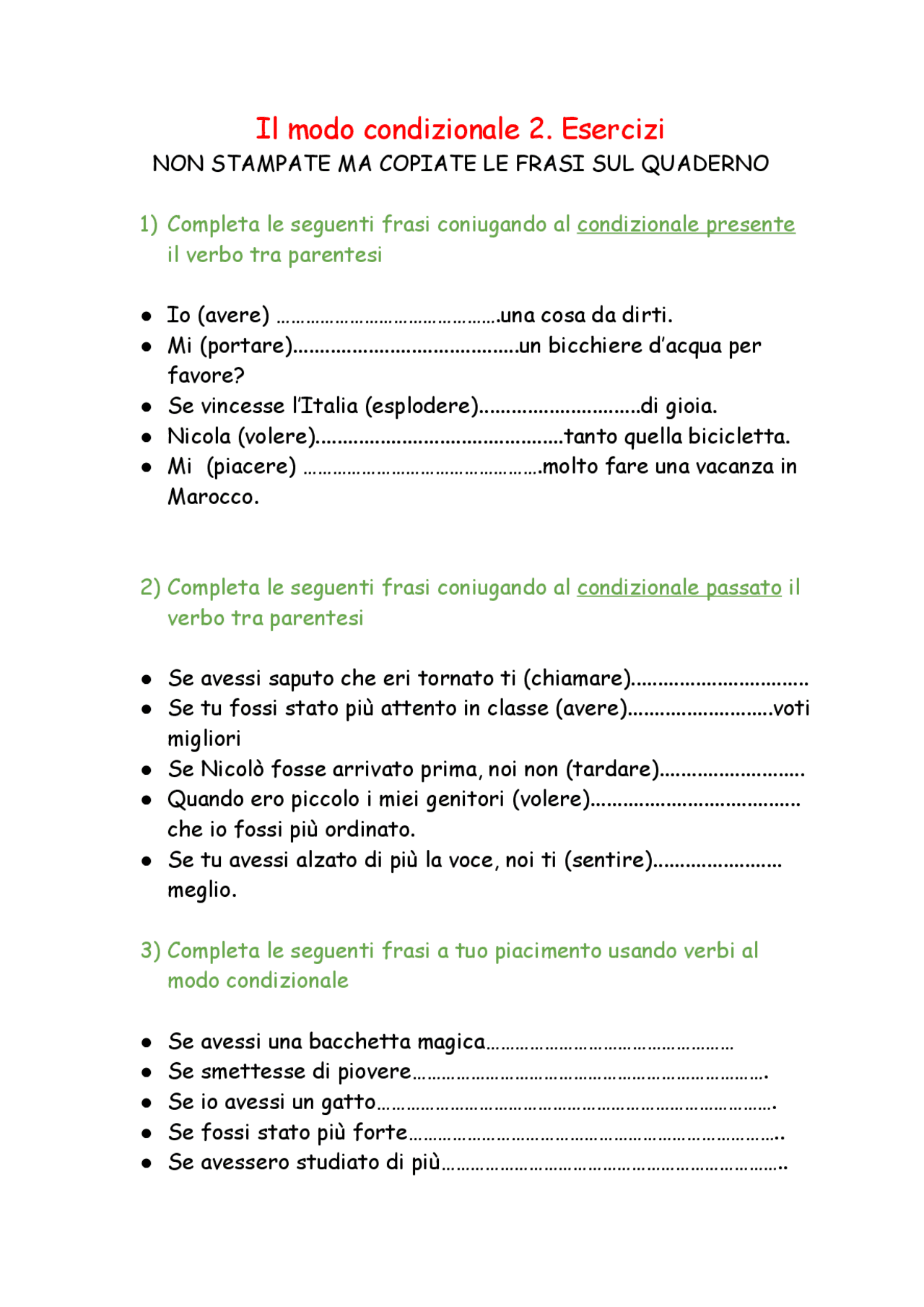 Riflessione linguistica modo condizionale | Esercizi di Italiano | Docsity