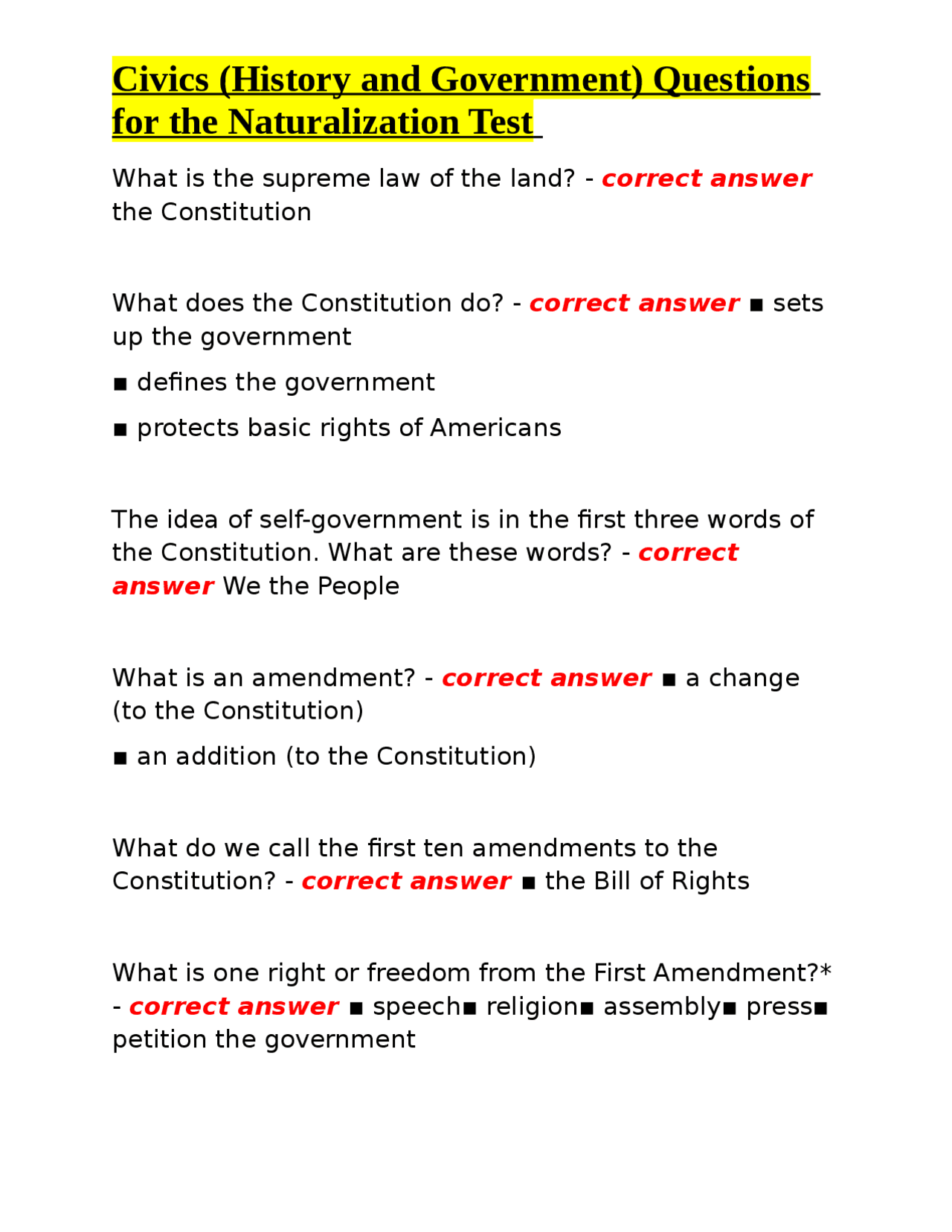 Civics (History and Government) Questions for the Naturalization Test ...