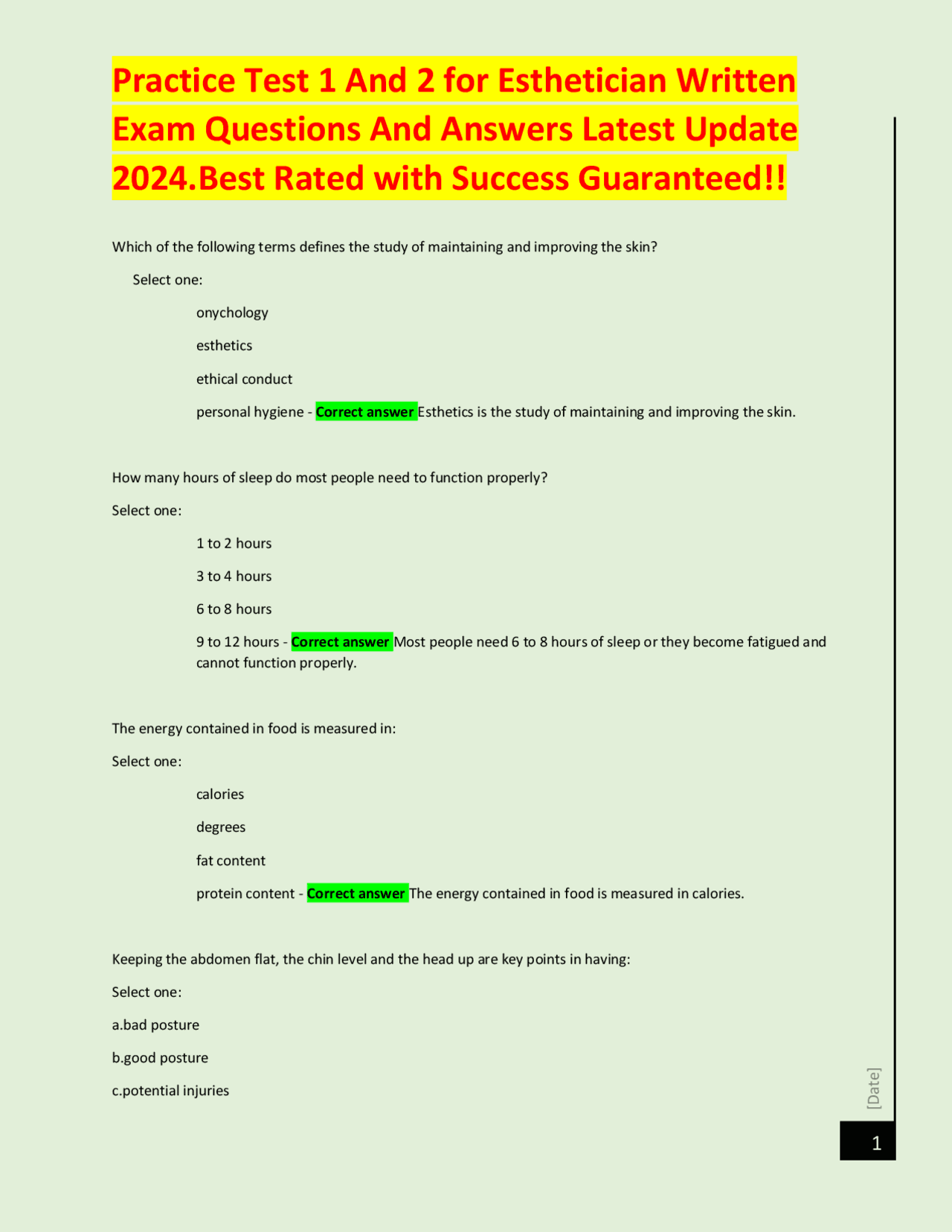 Practice Test for Esthetician Written Exam | Exams Nursing | Docsity