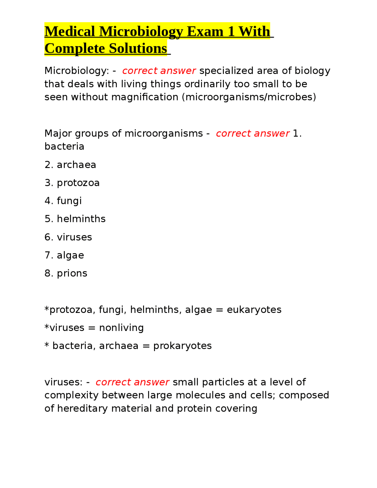 Medical Microbiology Exam 1 With Complete Solutions | Exams Medical ...