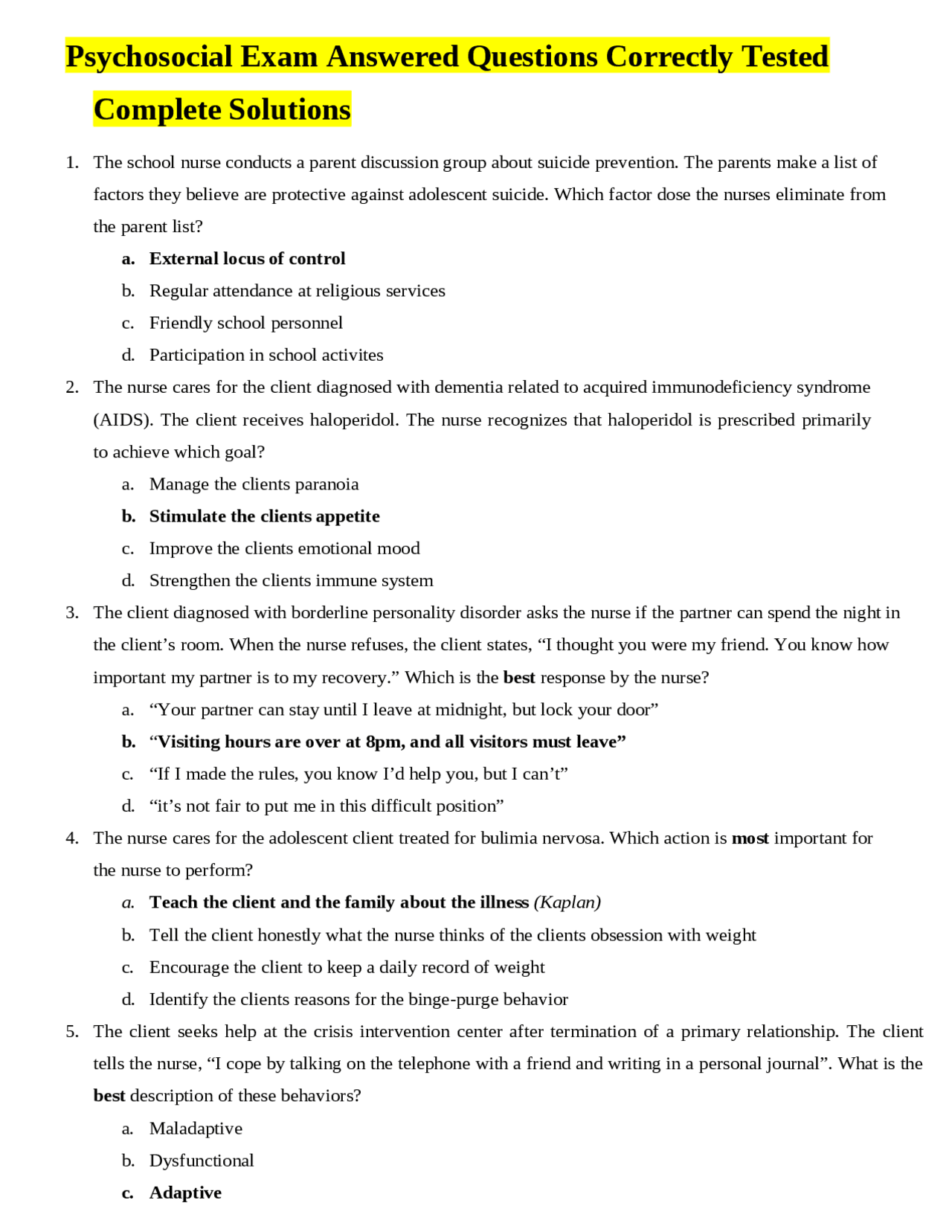 Psychosocial Exam Answered Questions Correctly Tested Complete ...