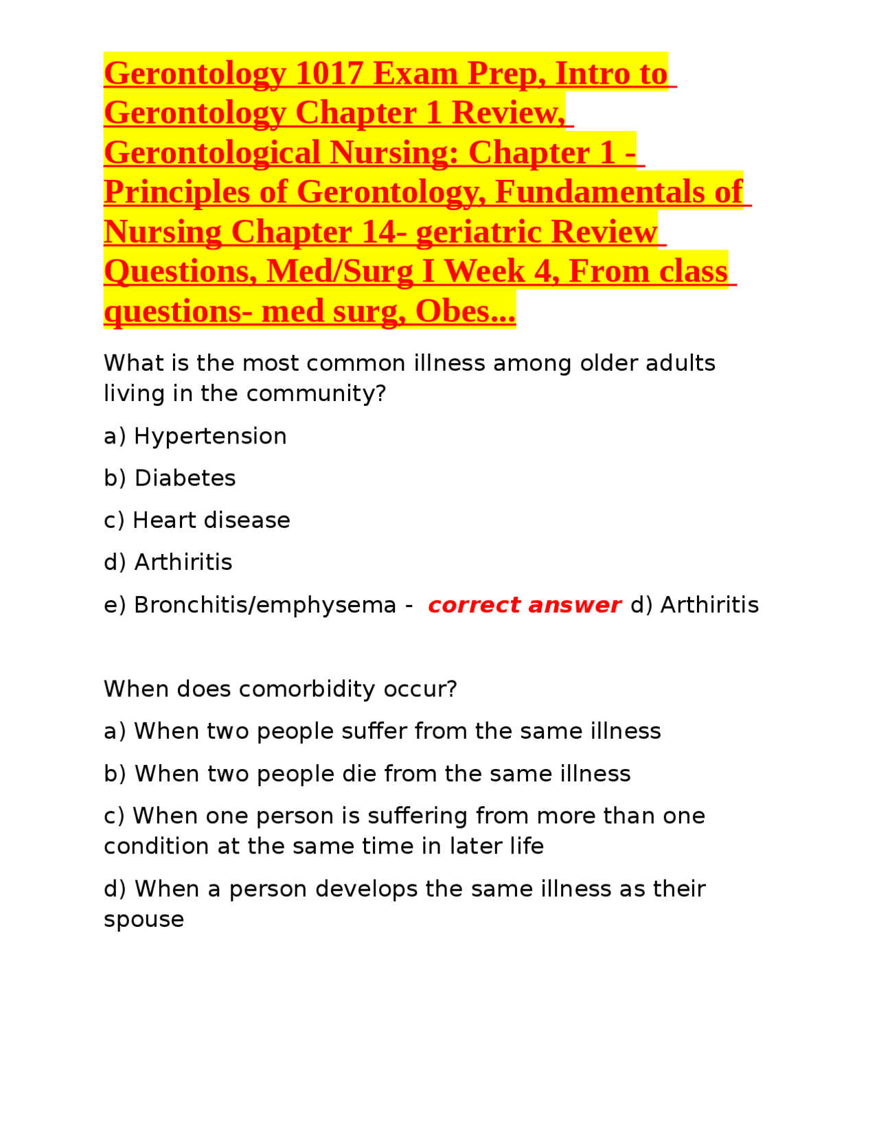 Gerontology Exam Prep and Review Questions | Exams Gerontology | Docsity