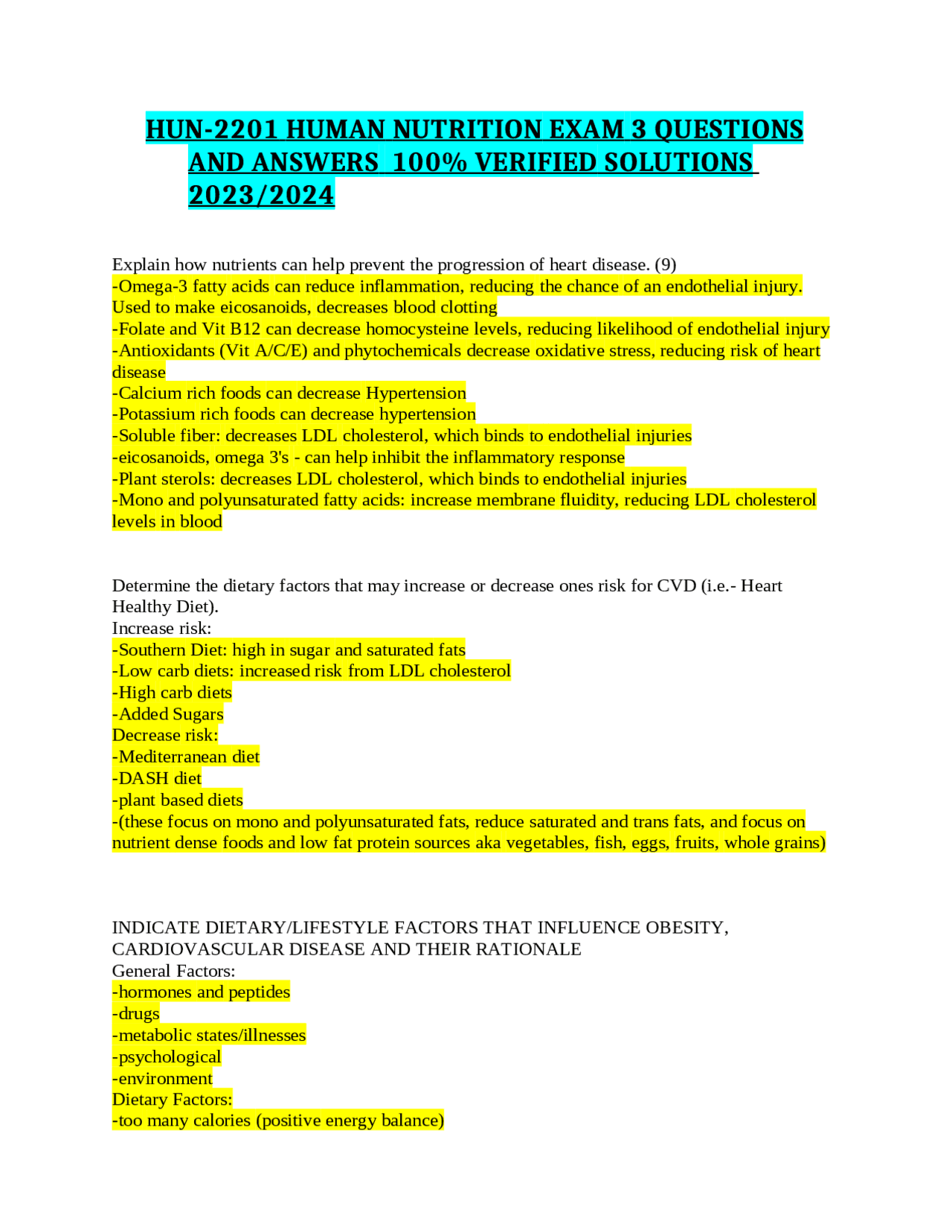 Human Nutrition Exam 3 Questions and Answers | Exams Nursing | Docsity