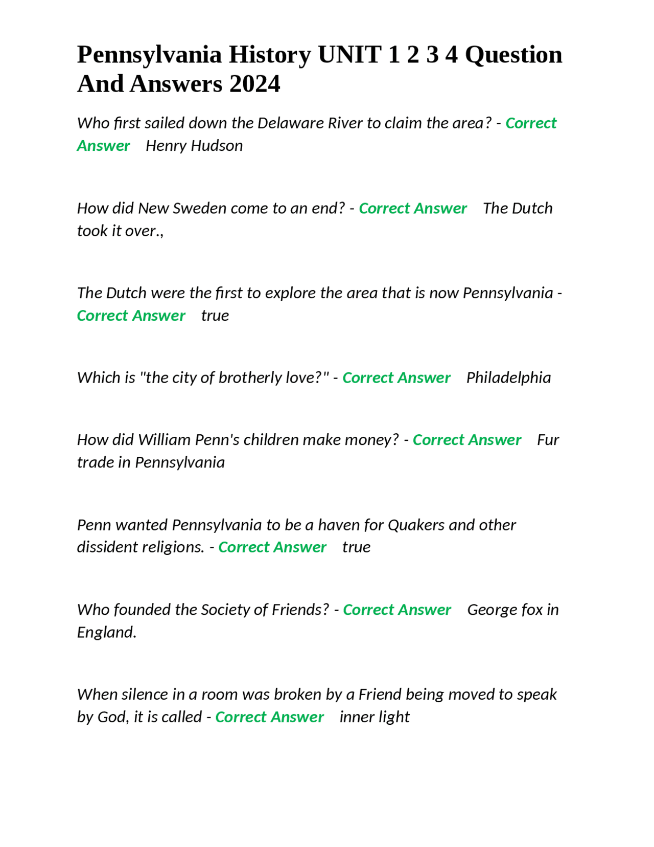 Pennsylvania History UNIT 1 2 3 4 Question And Answers 2024 | Exams ...