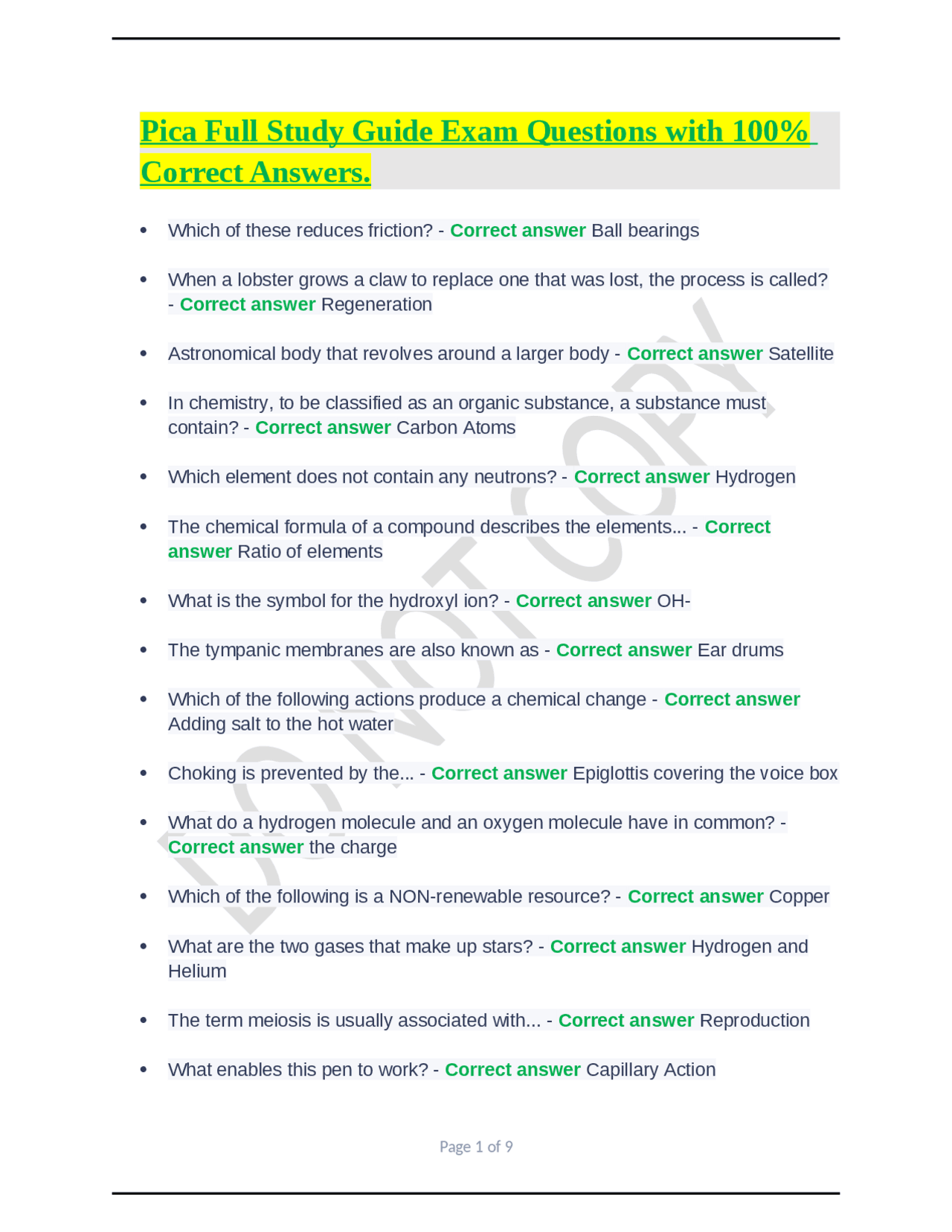 Pica Full Study Guide Exam Questions with 100% Correct Answers. | Exams ...